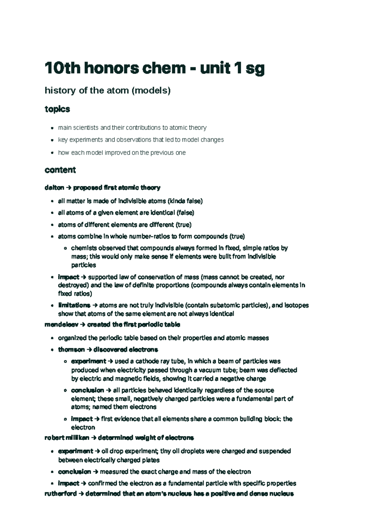 10th Honors Chem - Unit 1 SG: History of Atomic Theory & Structure ...