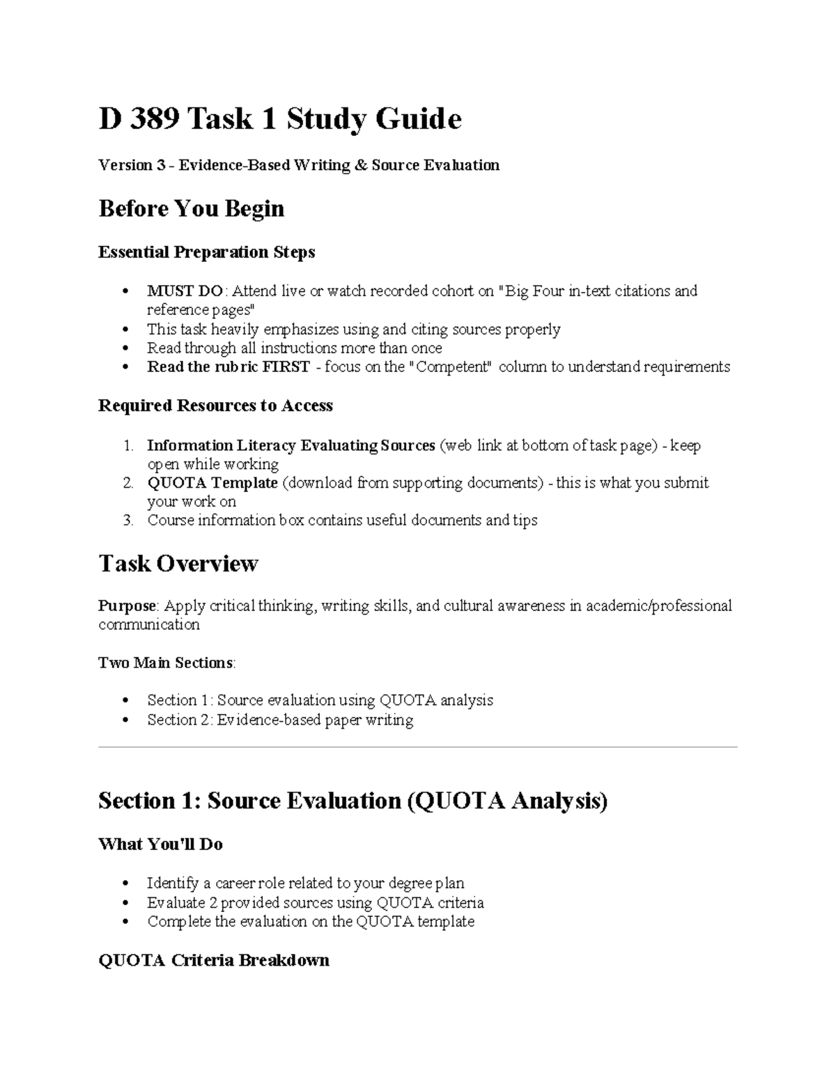 D389 Task 1 Study Guide: Writing Source Evaluation Guide - Studocu