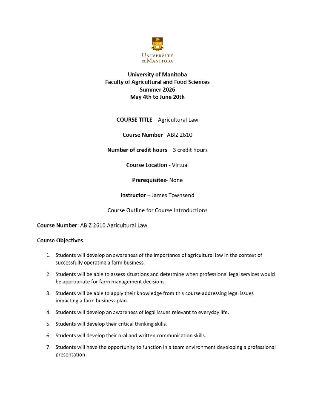 Summer 2026 Syllabus for ABIZ 2610: Agricultural Law Course - Studocu