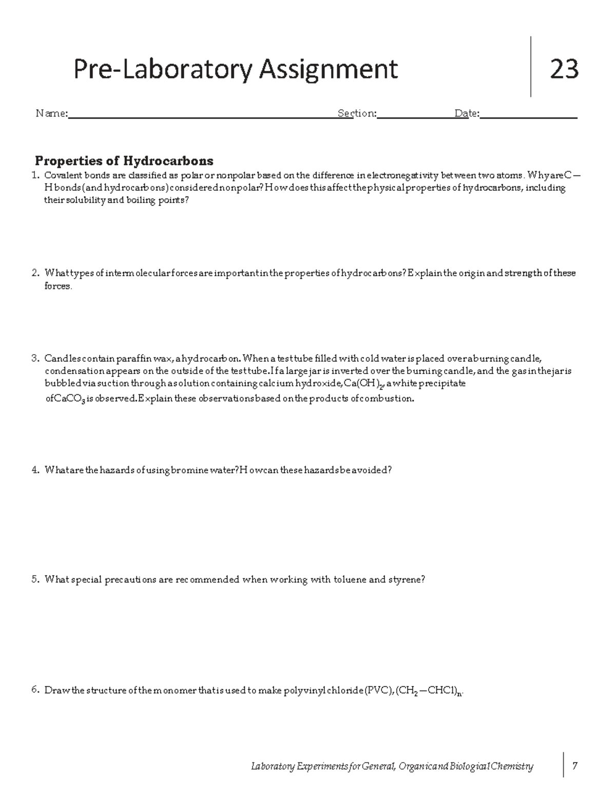 Pre-Laboratory Assignment: Properties of Hydrocarbons - Studocu