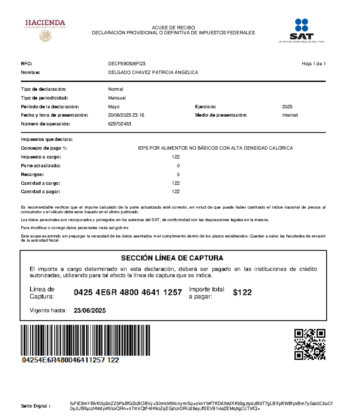 Acuse de Recibo Declaración IEPS Mayo 2025 - RFC: DECP590306FQ3 ...
