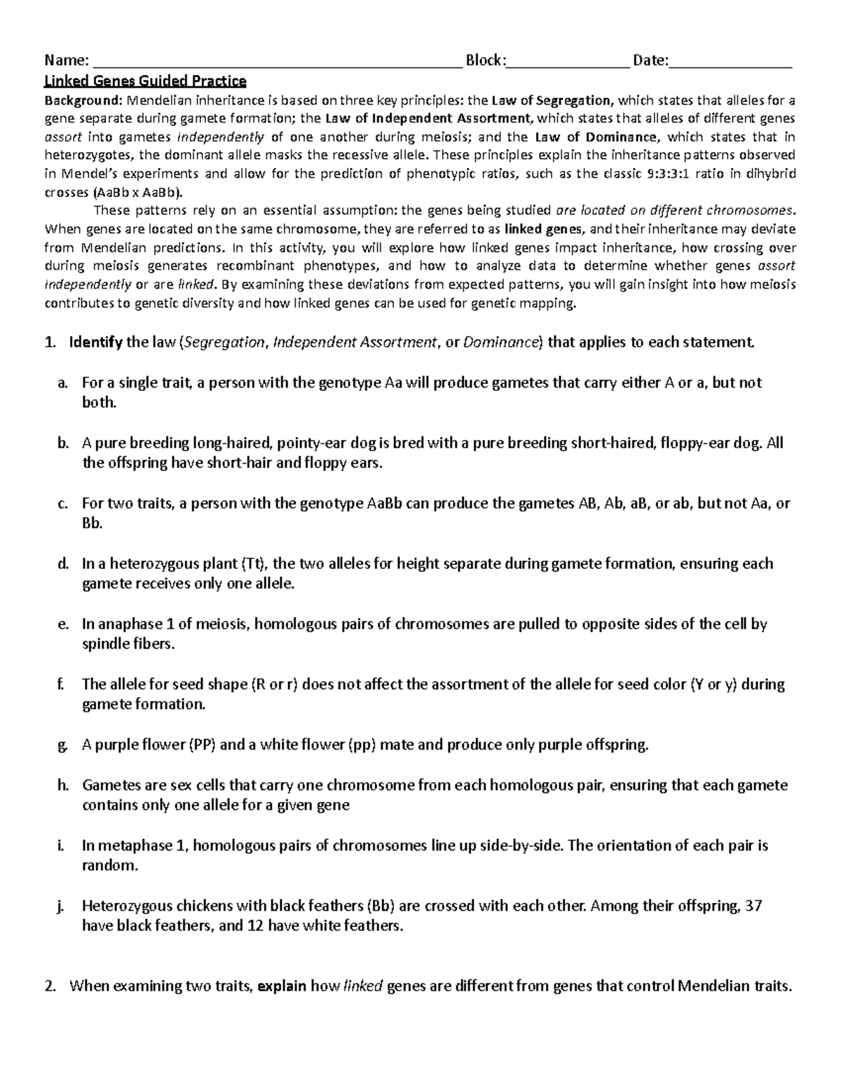 AP Biology Linked Genes Guided Practice Questions - Studocu