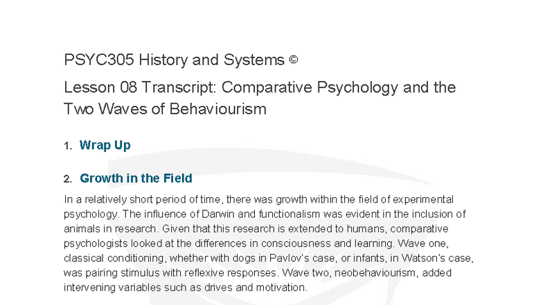 PSYC305 Lesson 08 Transcript: Comparative Psychology & Behaviorism ...