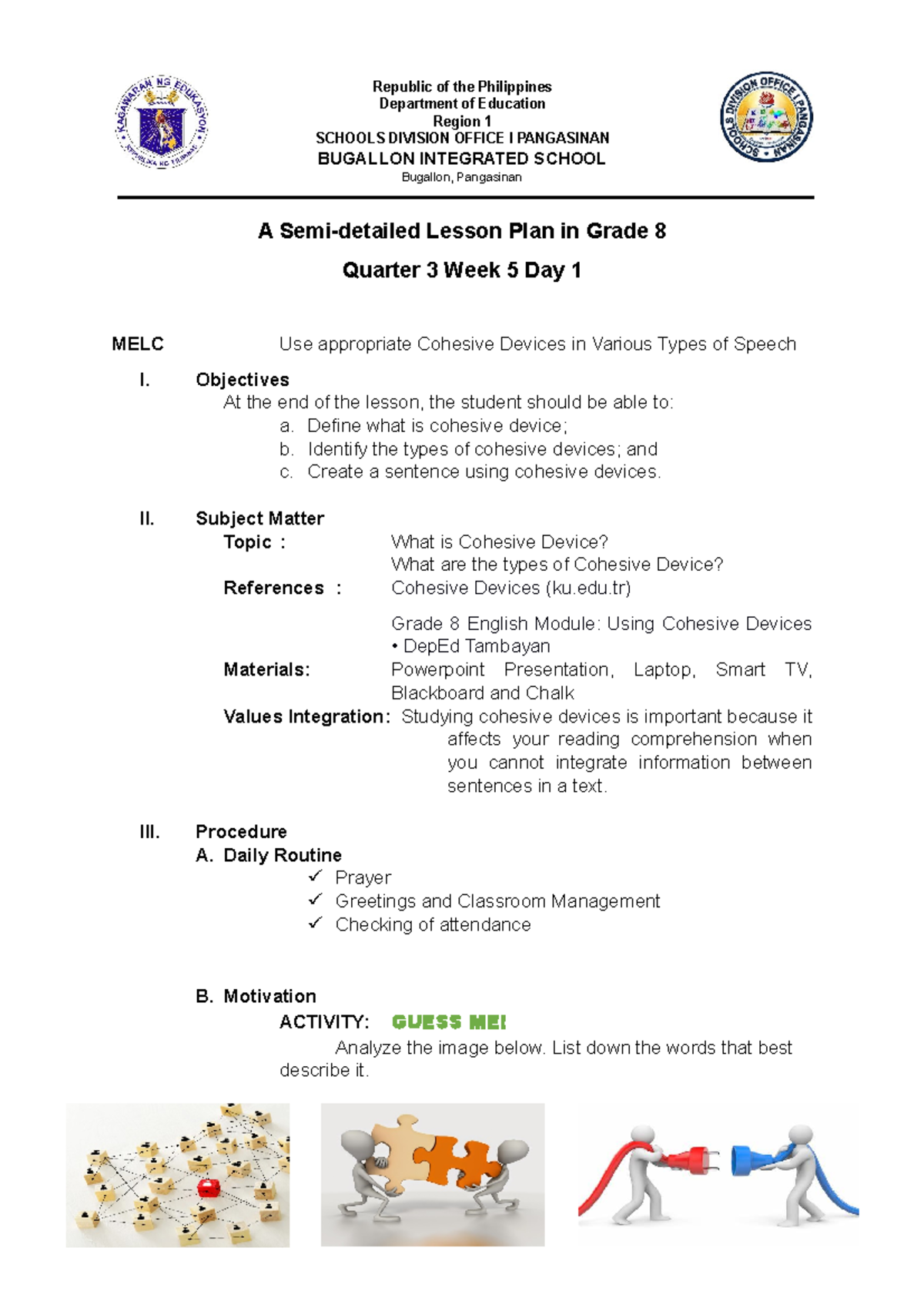 Grade 8 Lesson Plan: Cohesive Devices - Day 1 (Quarter 3) - Studocu