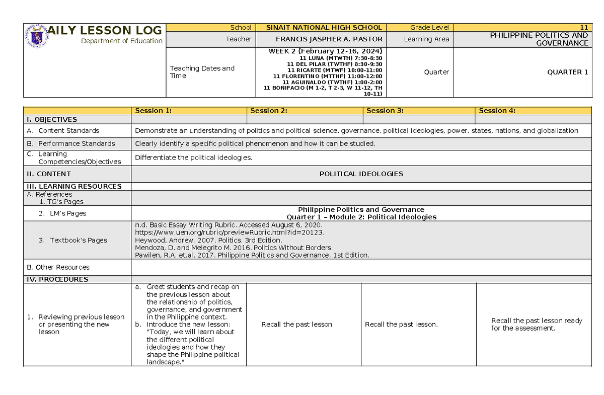 PPG Q1 W2 - Daily Lesson Log on Political Ideologies and Governance ...