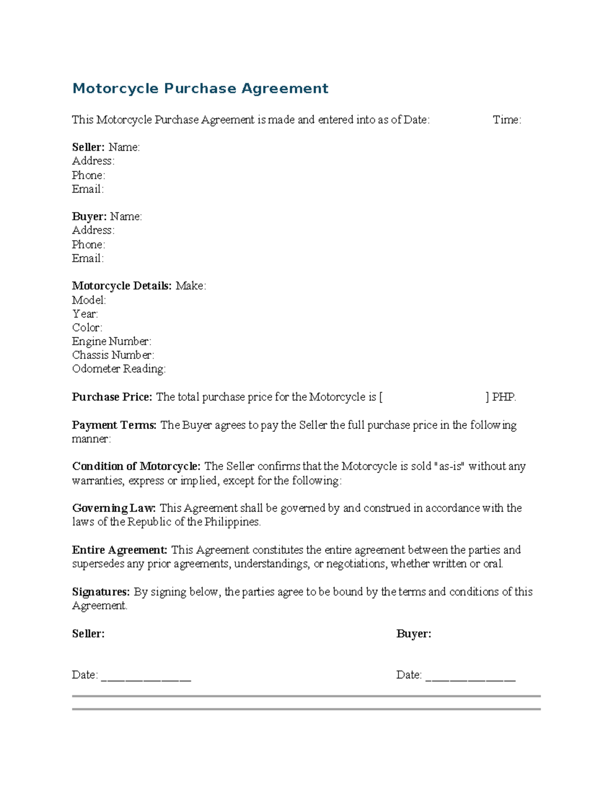 Motorcycle Purchase Agreement Template for Buyers and Sellers - Studocu