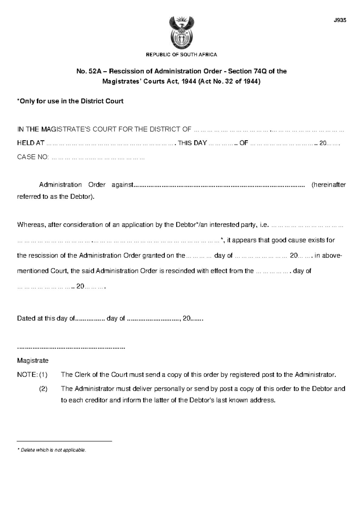 Rescission Application - Magistrates' Court Form No. 52A Guidance - Studocu