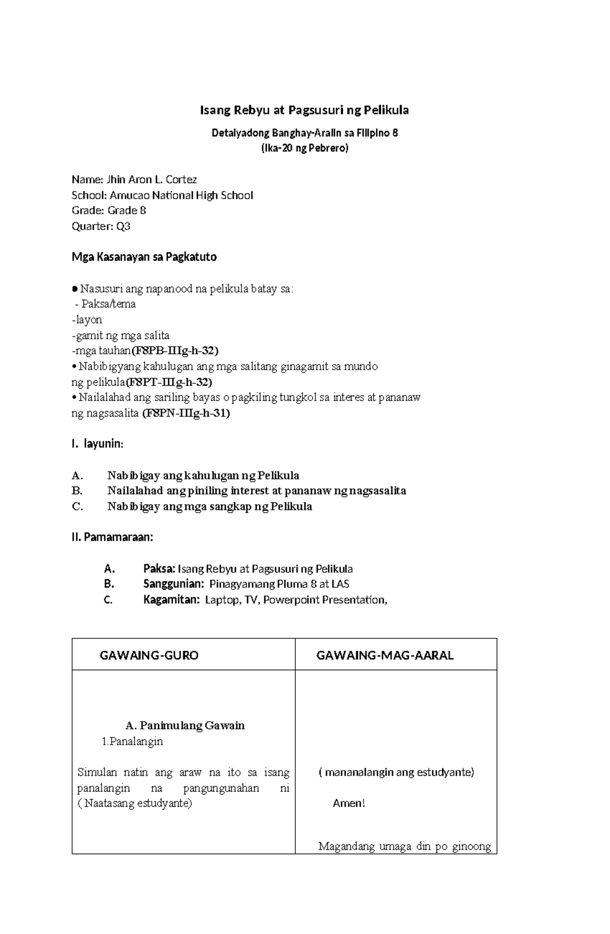 Pagsusuri at Rebyu ng Pelikula sa Filipino 8 (F8PB-IIIg-h-32) - Studocu