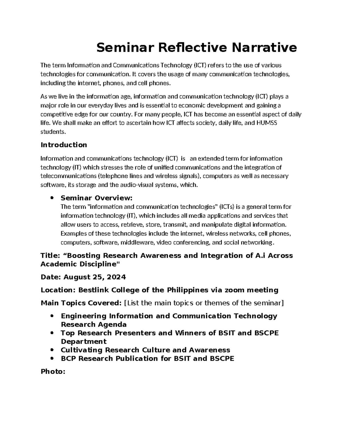 HUMSS Seminar Reflective Narrative: ICT, Research & AI Integration ...