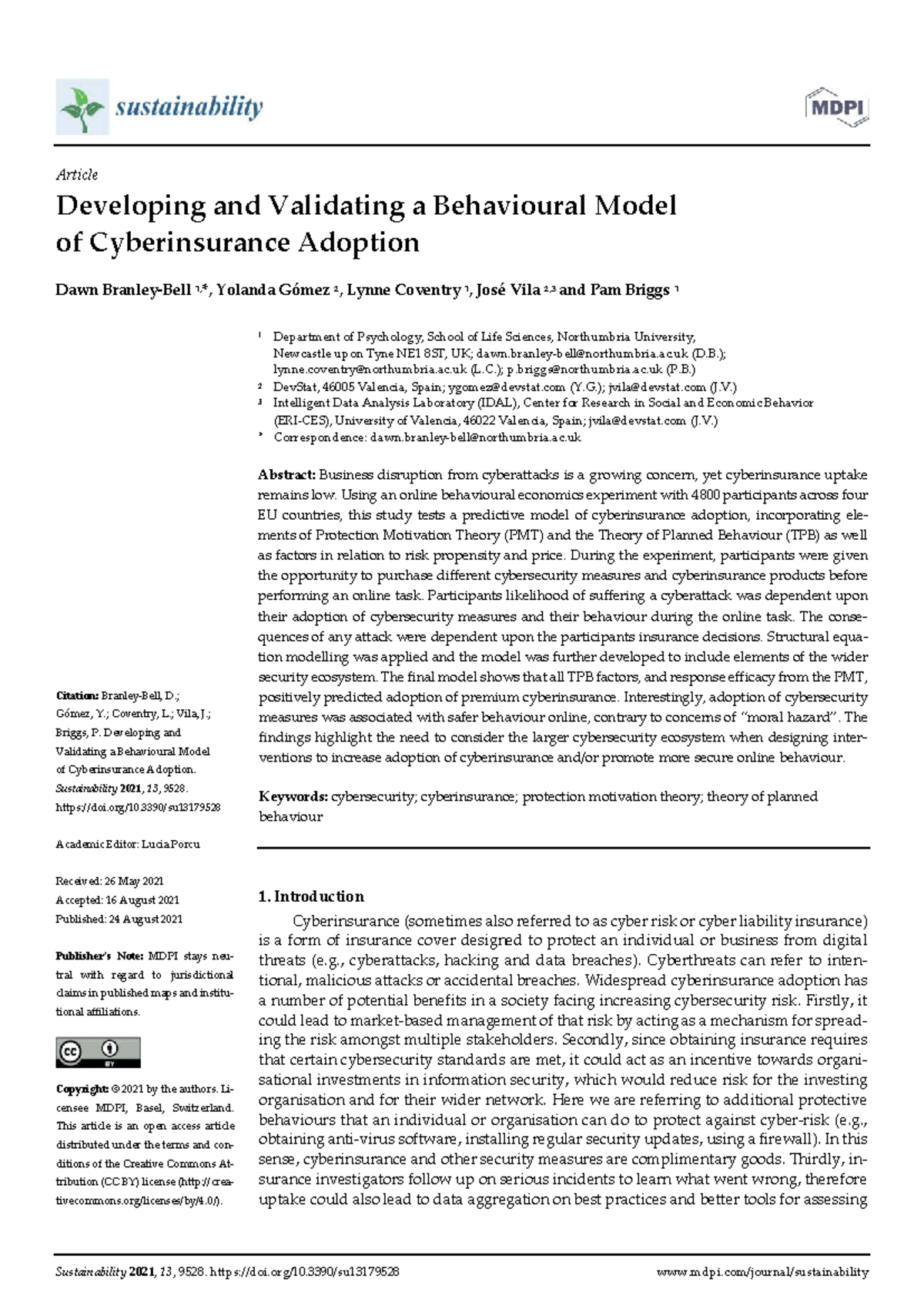 Developing a Behavioral Model for Cyberinsurance Adoption (PSY 153267 ...