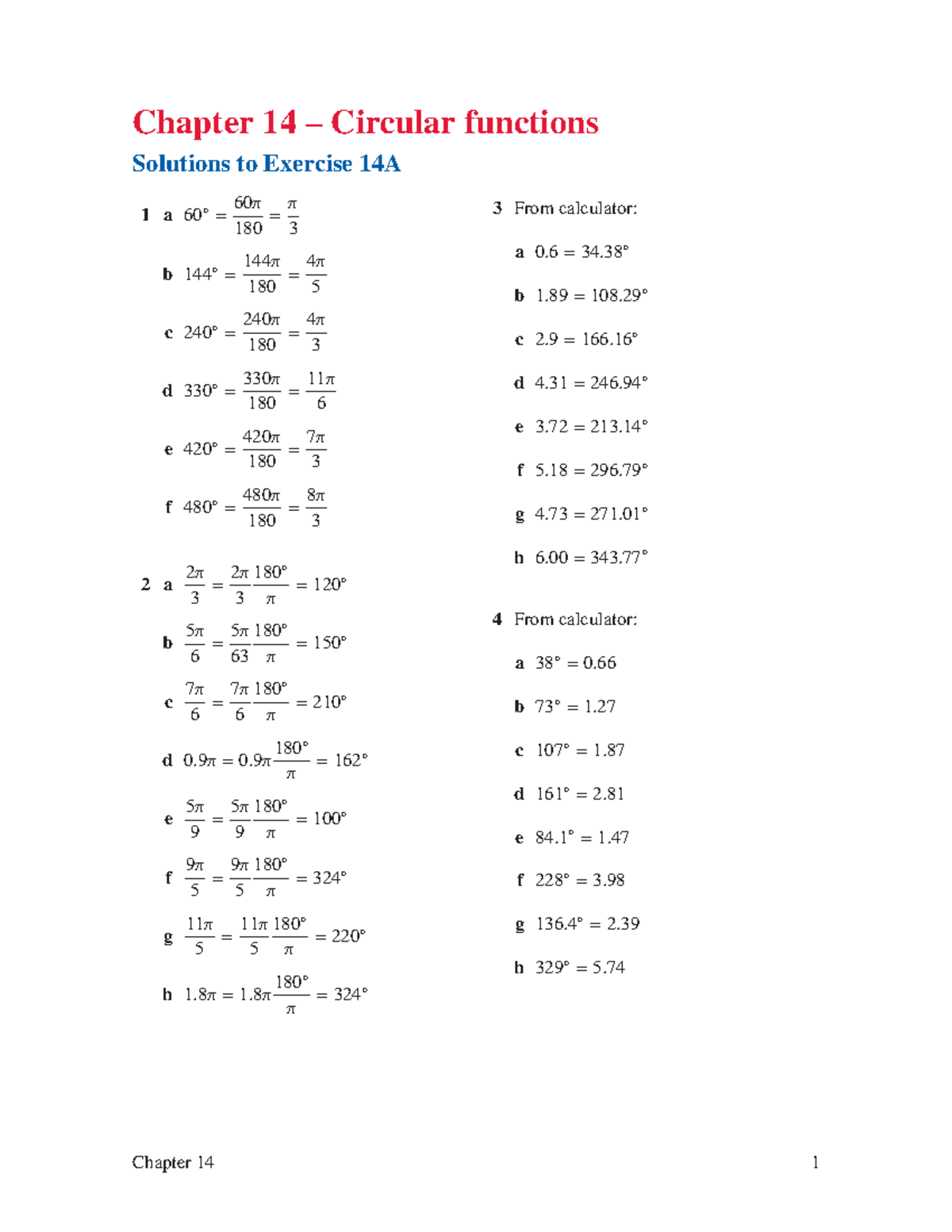 Chapter 14 – Circular Functions: Solutions to Exercise 14A - Studocu