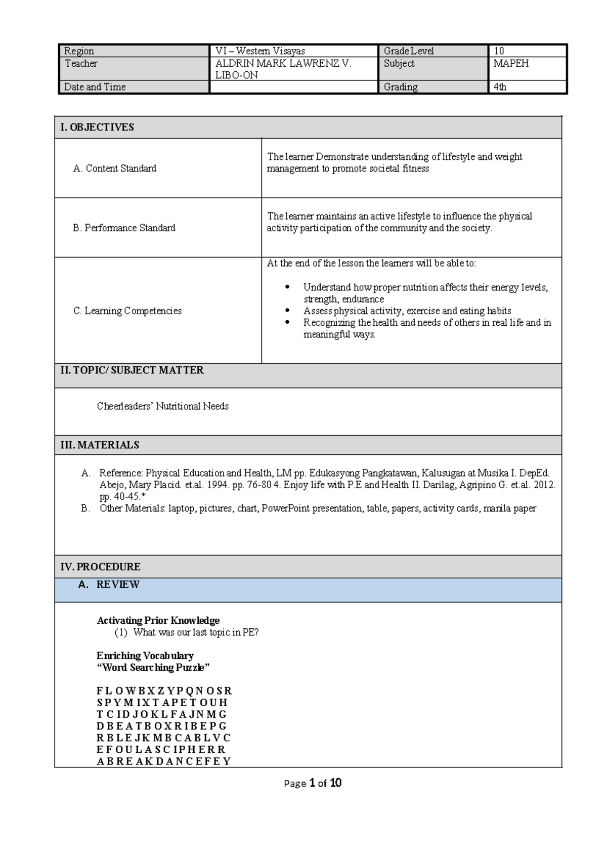 G10 DLP Cheerdance - Exemplar Lesson Plan on Grade 10 Physical ...