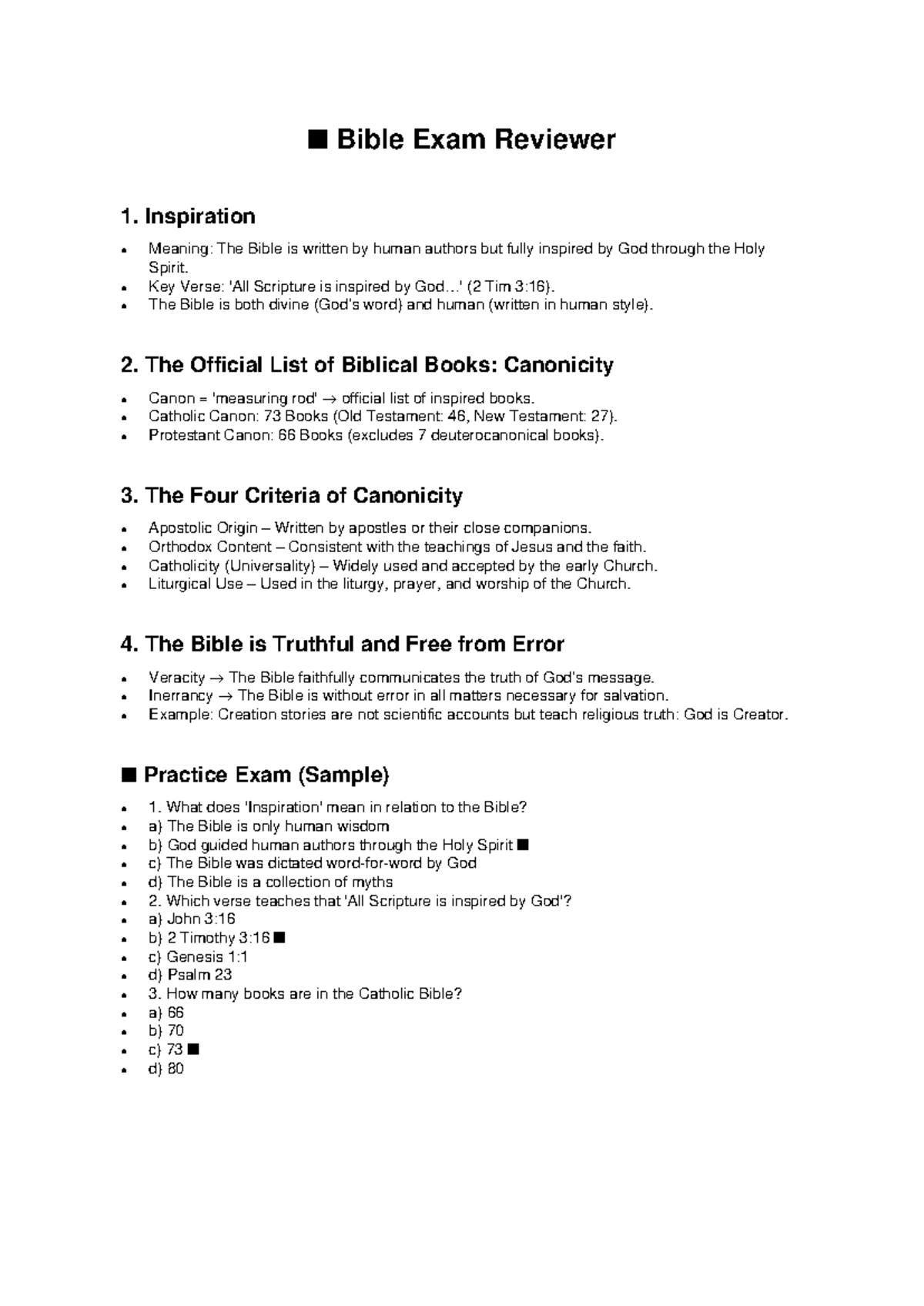 Bible Exam Reviewer: Key Concepts and Practice Questions - Studocu