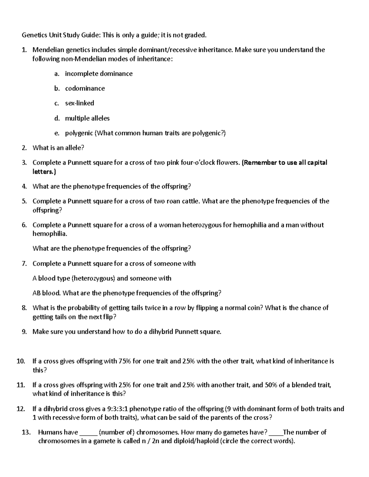 Genetics Study guide - Genetics Unit Study Guide: This is only a guide ...