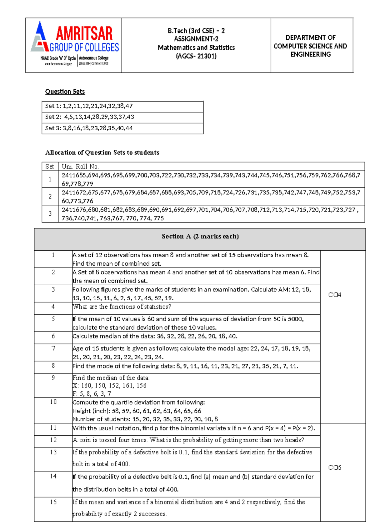 B.Tech (3rd CSE) Mathematics & Statistics Assignment 2 Question Sets ...