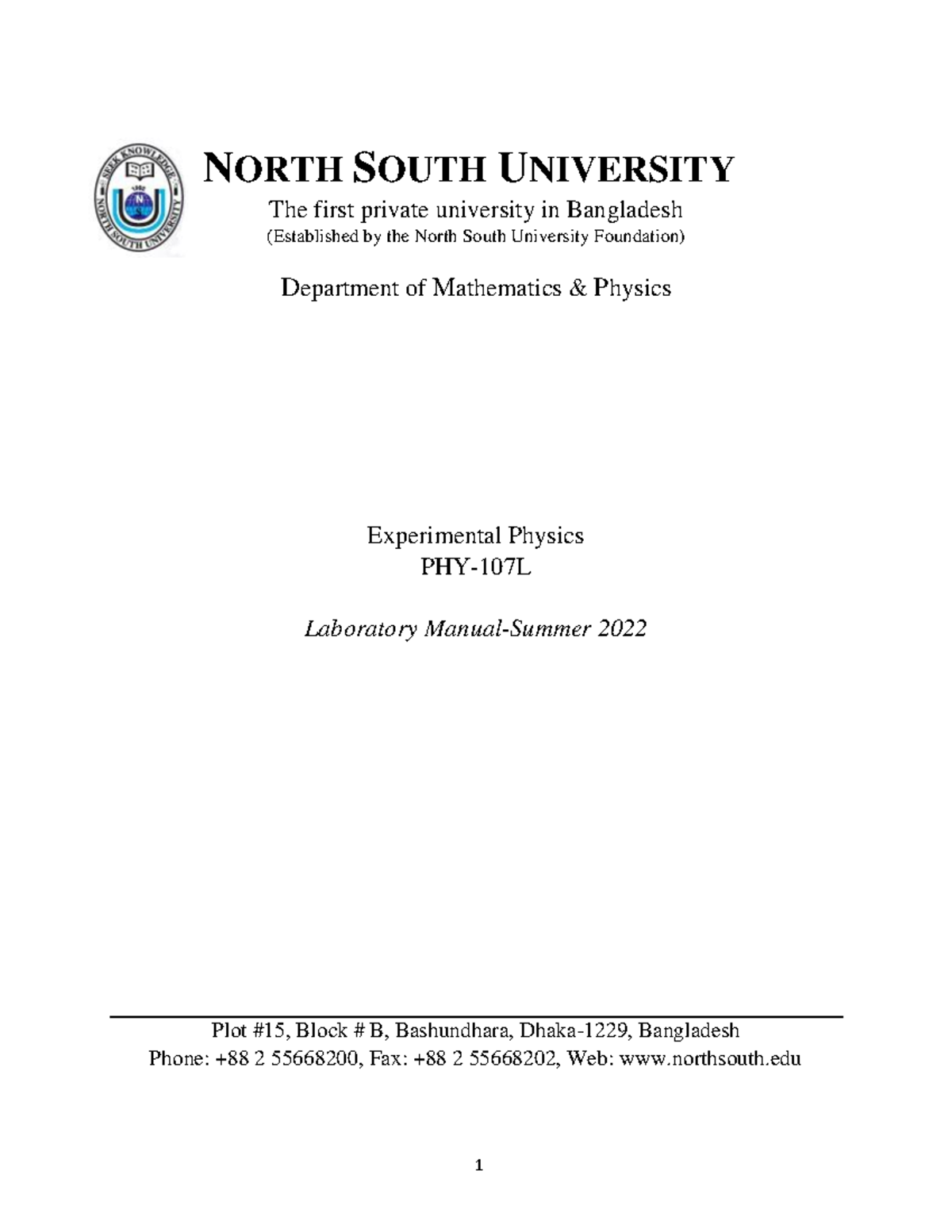 Laboratory Manual for PHY-107L: Experimental Physics - Summer 2022 - Studocu