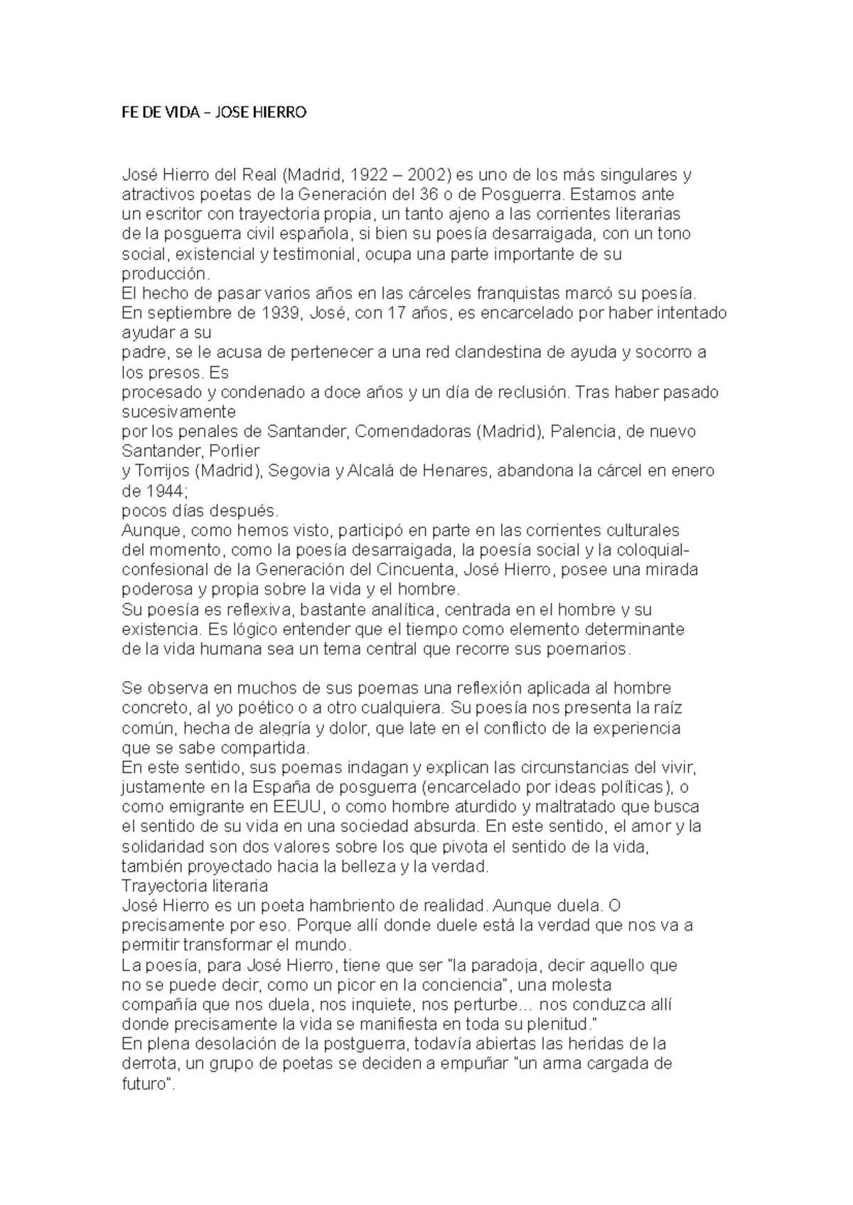 FE DE VIDA - POEMA REDACTADO Y DESARROLLADO FE DE VIDA DE JOSE HIERRO ...