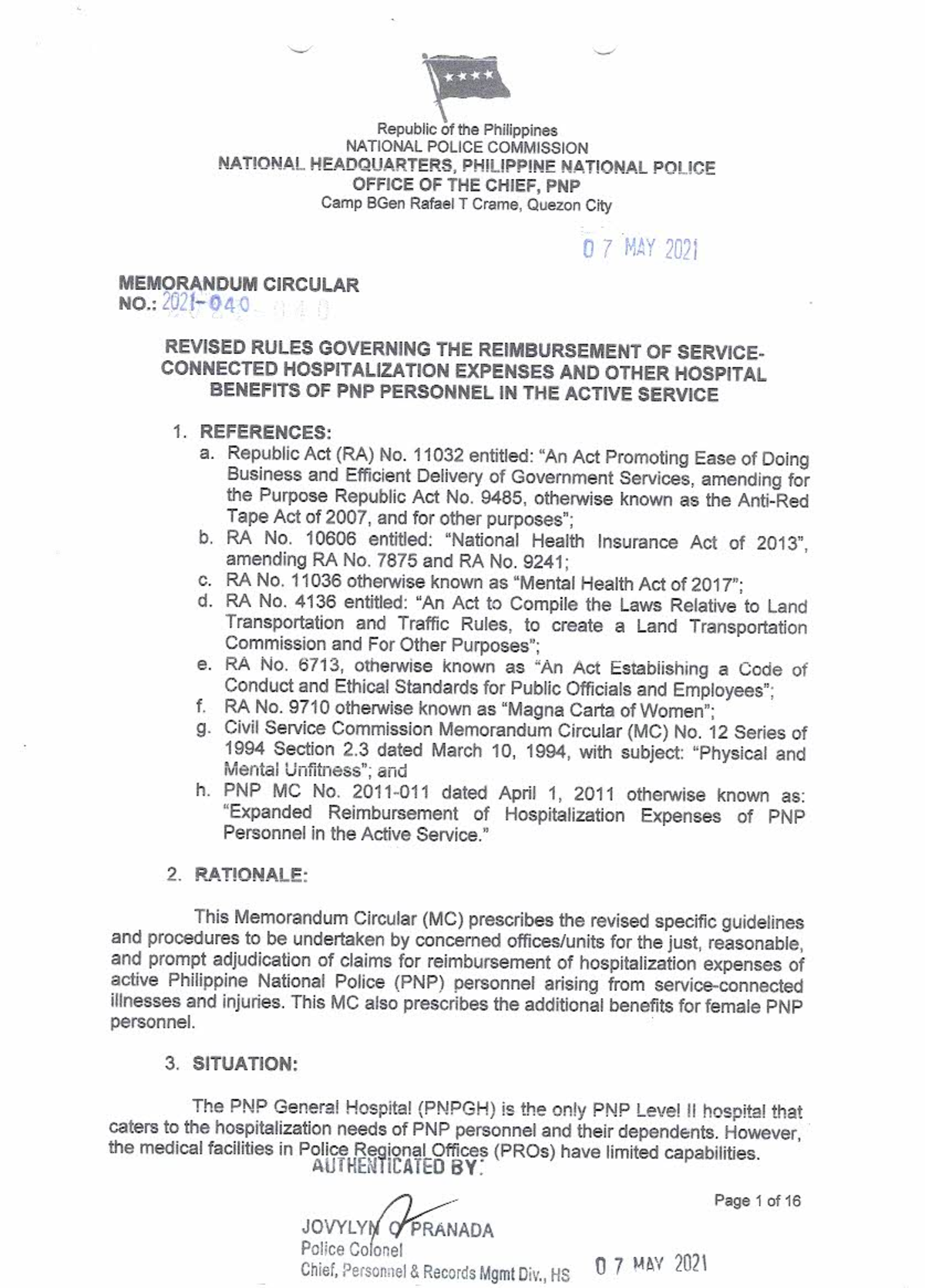 PNP MC 2021-040: Revised Guidelines for Hospitalization Expense ...