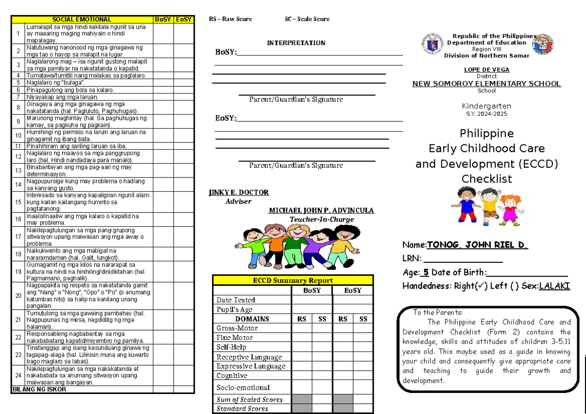 EoSY Social Emotional Development Checklist for Kindergarten - Studocu