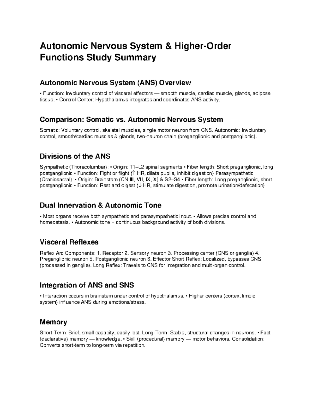 ANS Functions Overview: Involuntary Control & Reflexes Summary - Studocu