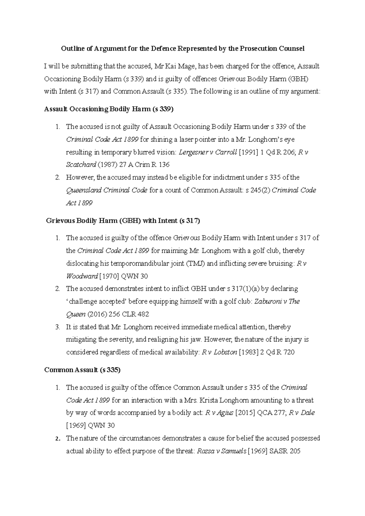 Defence Outline: Argument Against Assault & GBH Charges (s 339, s 317 ...