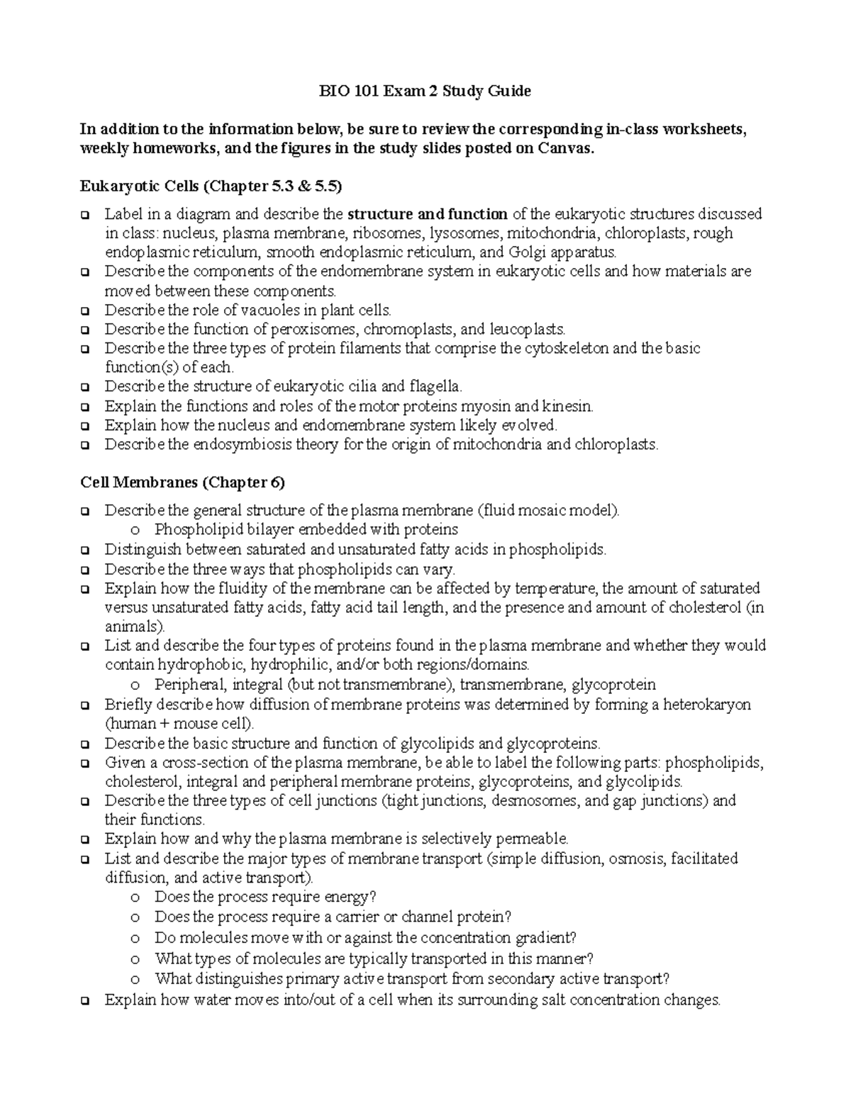 BIO 101 Exam 2 Study Guide: Eukaryotic Cells & Membrane Functions - Studocu