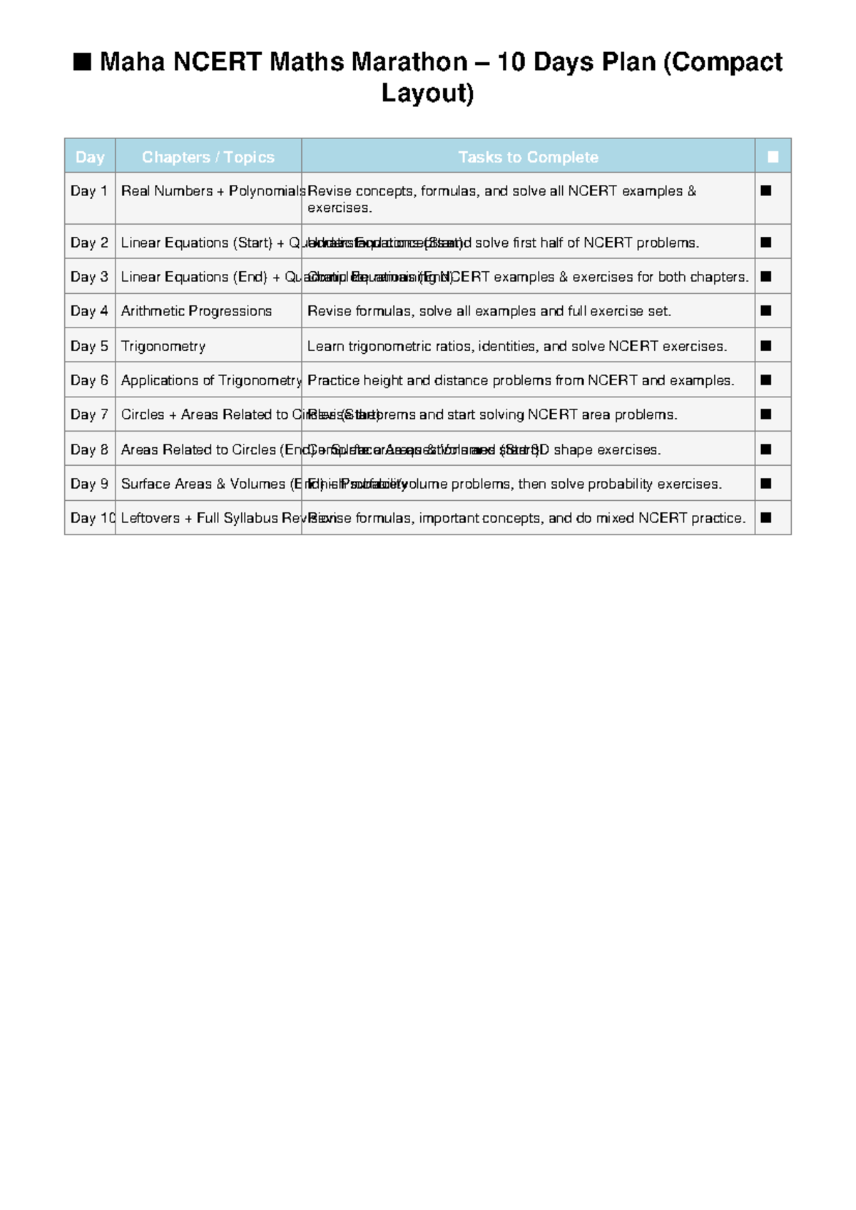 Maha NCERT Maths Marathon 10-Day Study Plan (Compact) - Studocu
