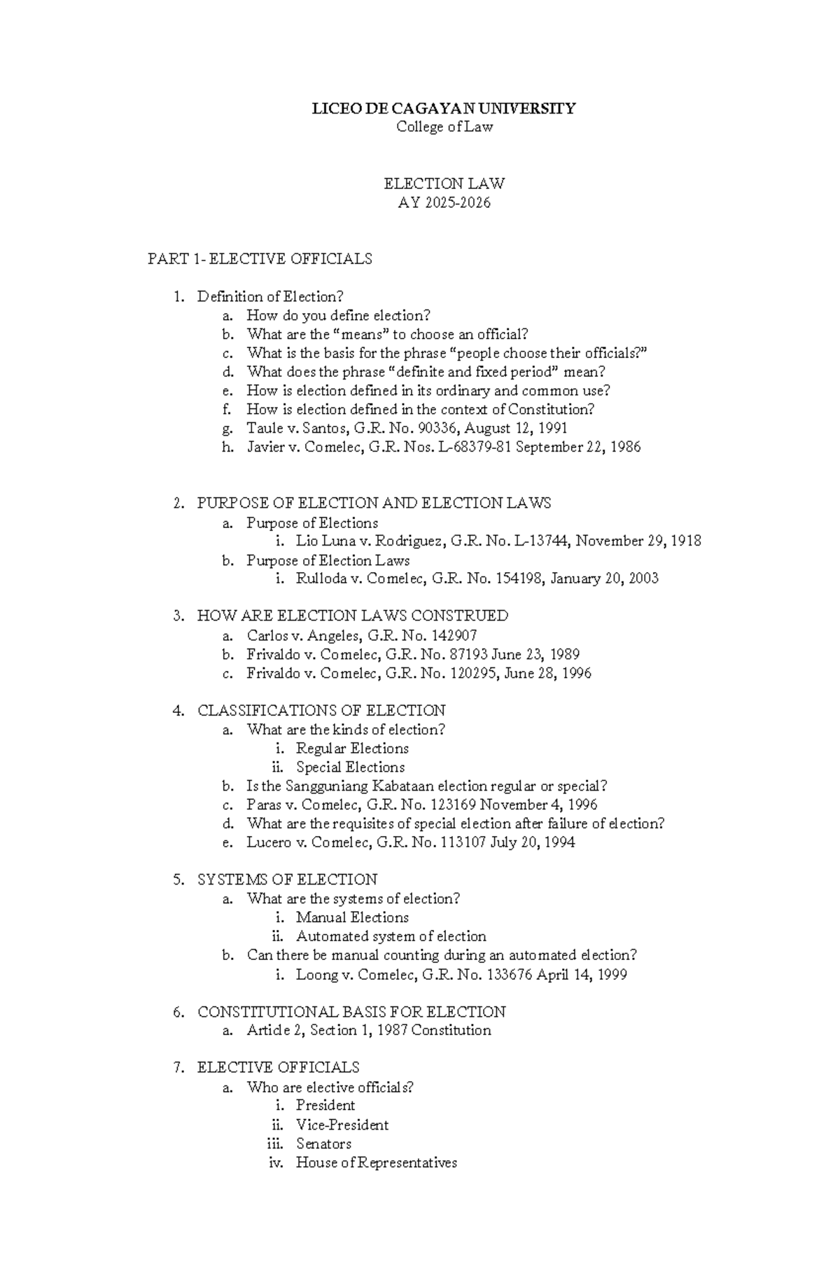 Election LAW Syllabus 2025 - LICEO DE CAGAYAN UNIVERSITY College of Law ...