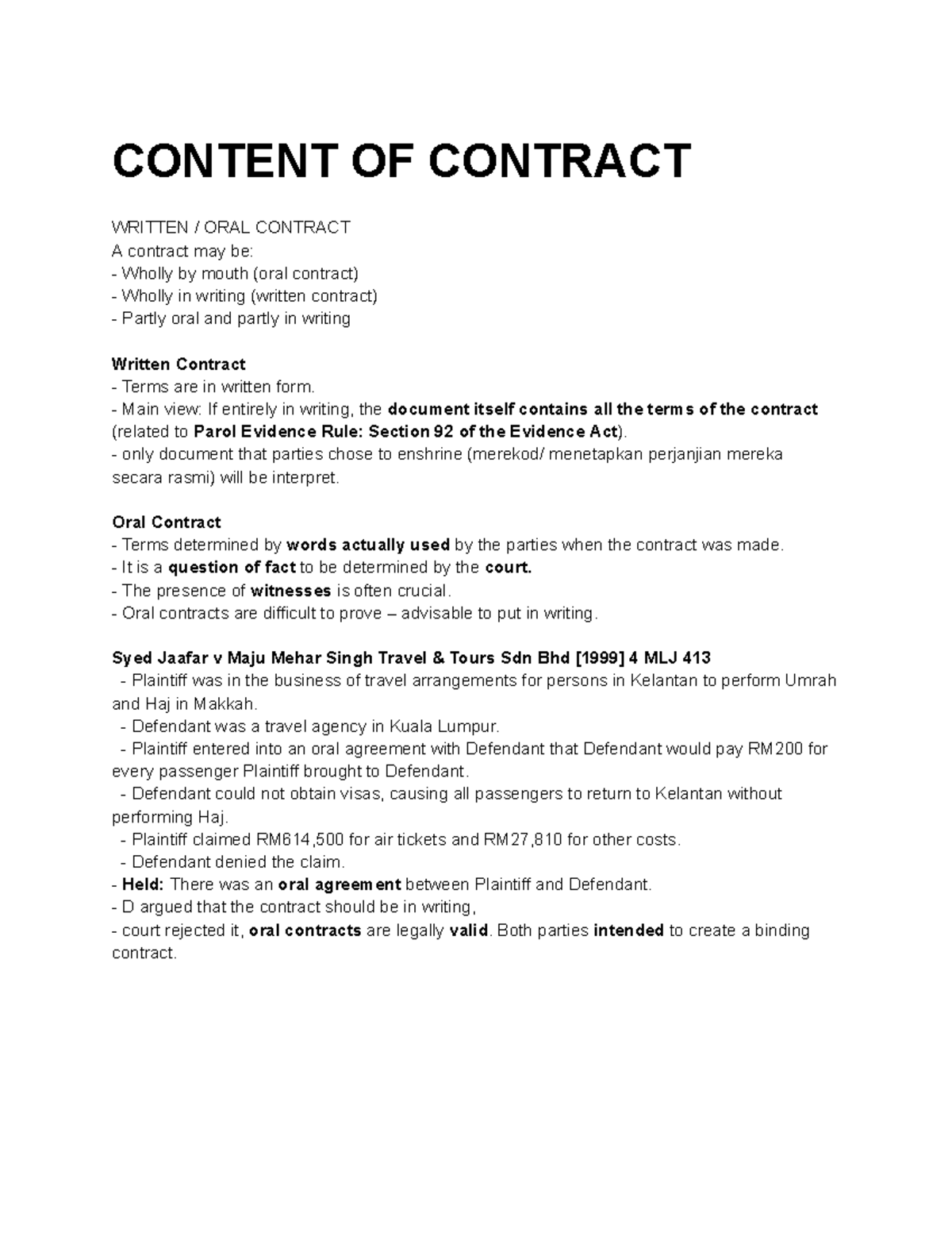 Contract Law: Written vs Oral Contracts (LAW101) - Studocu