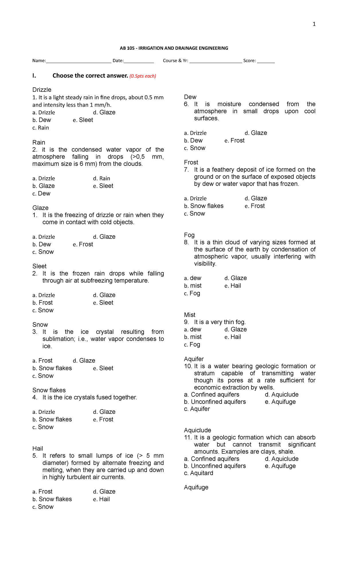 AB 105 Quiz 3: Key Concepts in Irrigation & Drainage Engineering - Studocu
