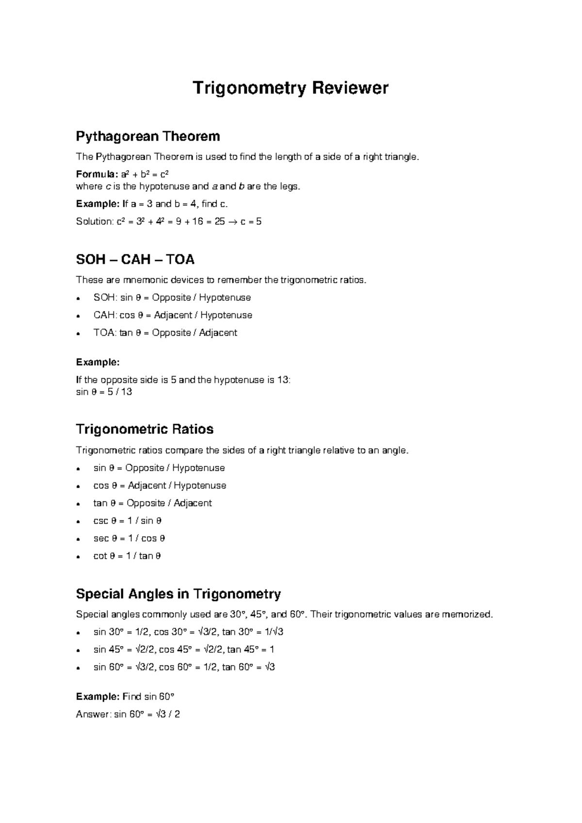 Trigonometry Reviewer: Pythagorean Theorem & Ratios - Studocu