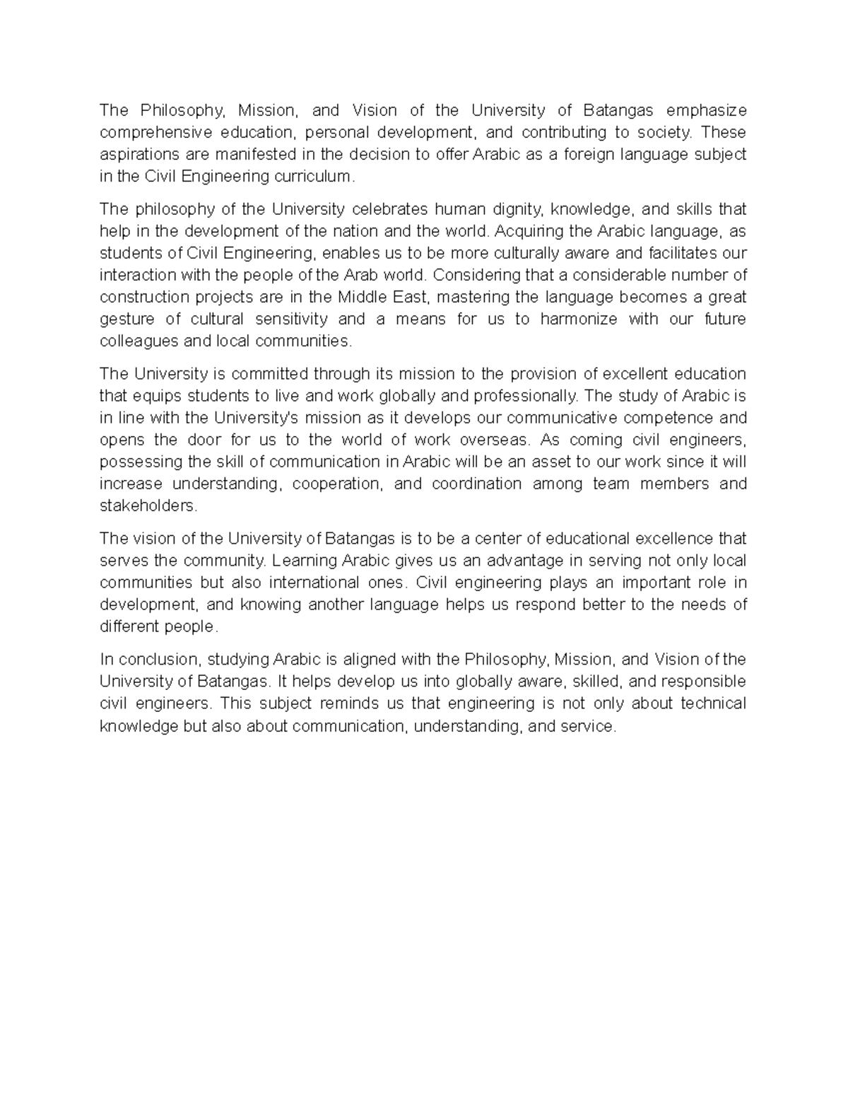 Relating the Philosophy, Mission, and Vision of the University of ...