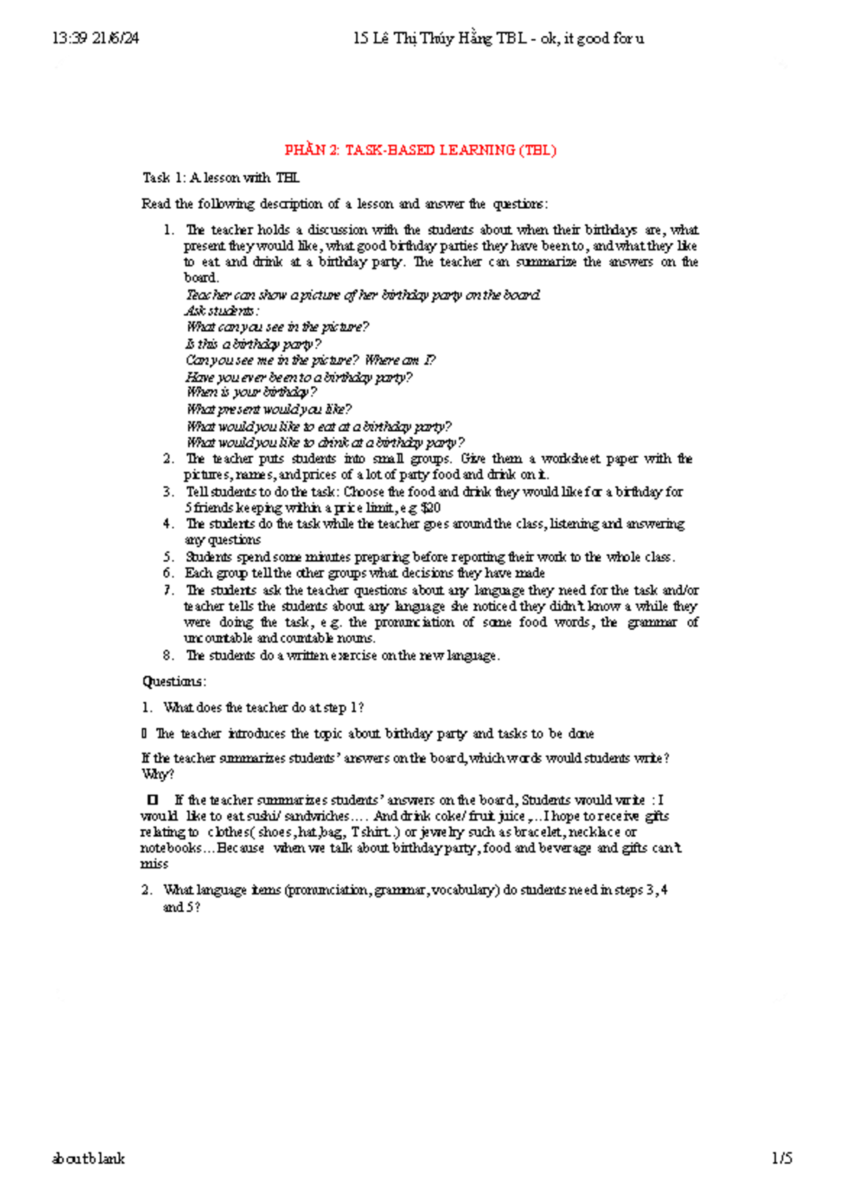 TBL Lesson Plan: Exploring Birthday Parties (TBL- Eng 15) - Studocu