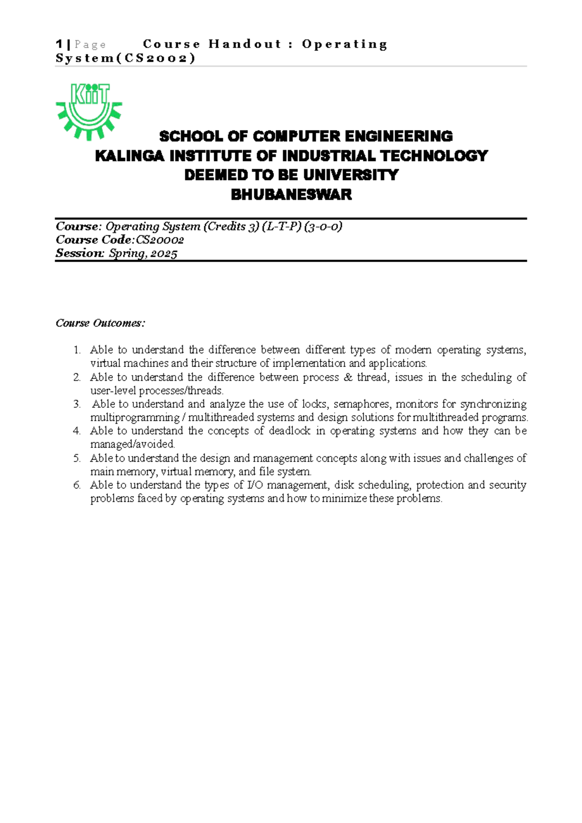OS Course Handout (CS2002) - Spring 2025 Overview & Activities - Studocu