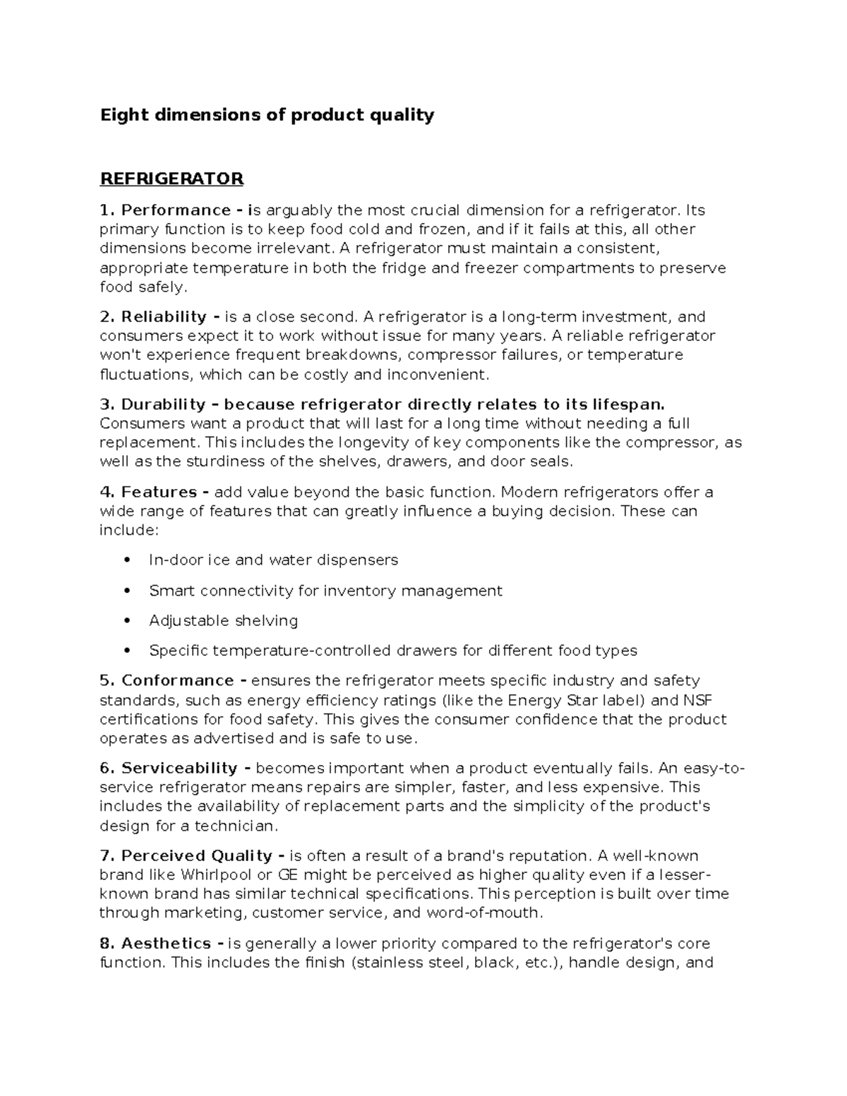 TQM BY- Partner - Activity: 8 Dimensions of Refrigerator Quality - Studocu