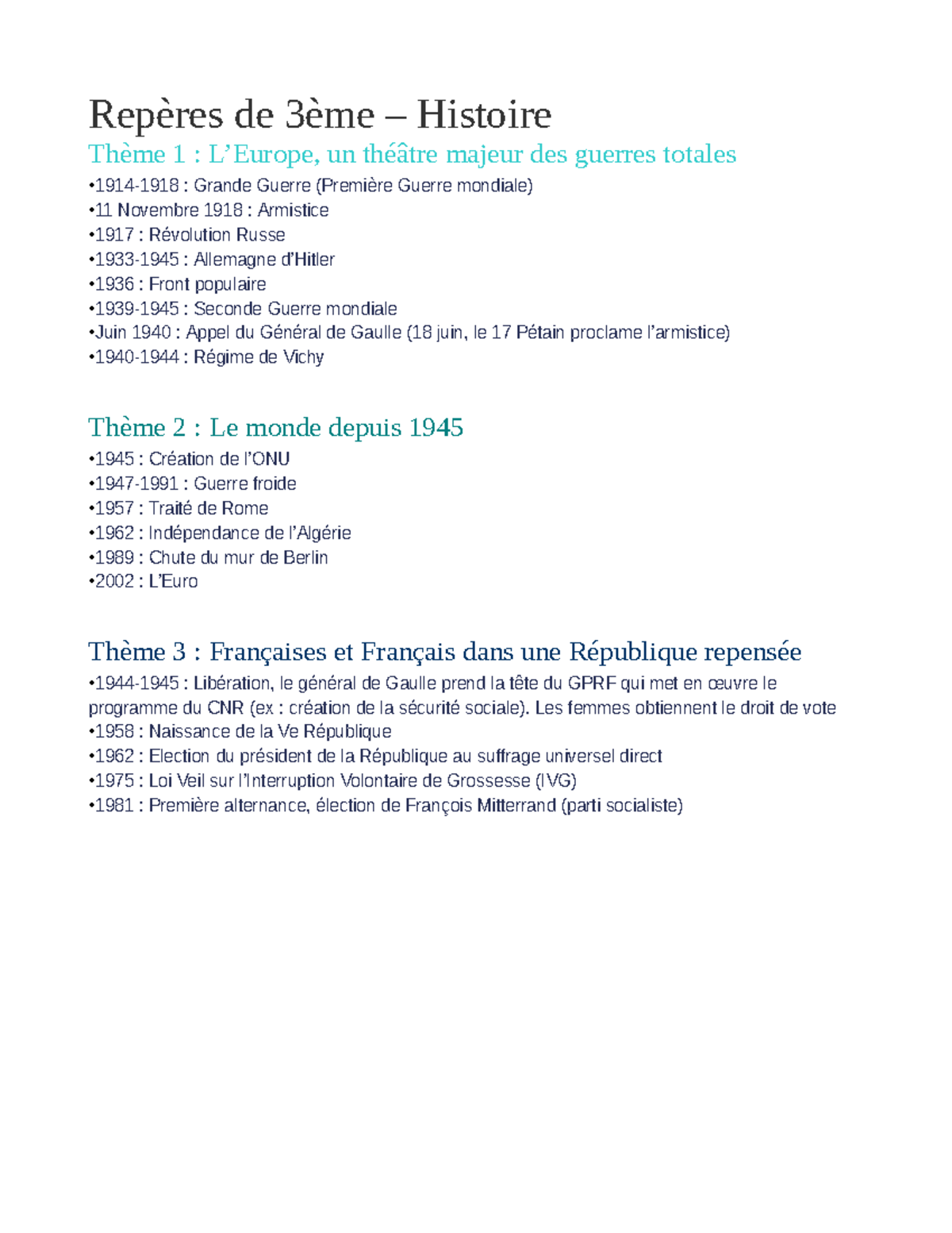 Repères Histoire 3ème : Événements clés des guerres totales et après ...