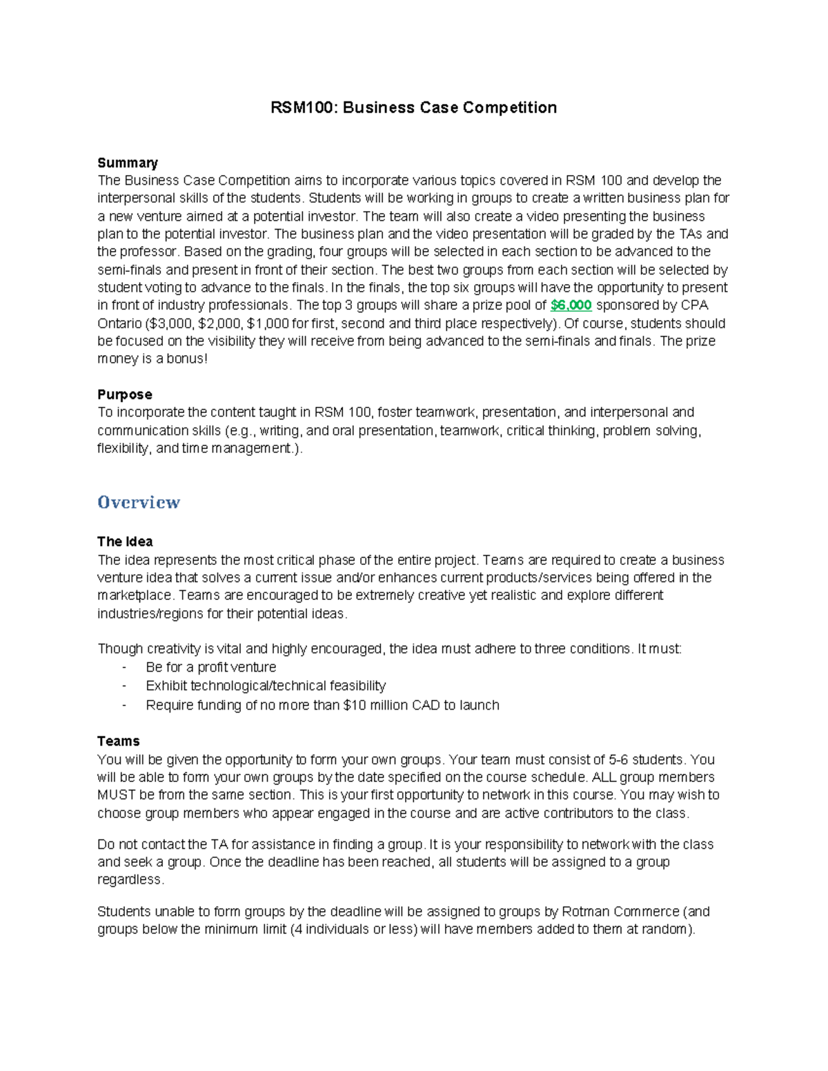 RSM100: Business Plan Competition Project Outline (Fall 2025) - Studocu