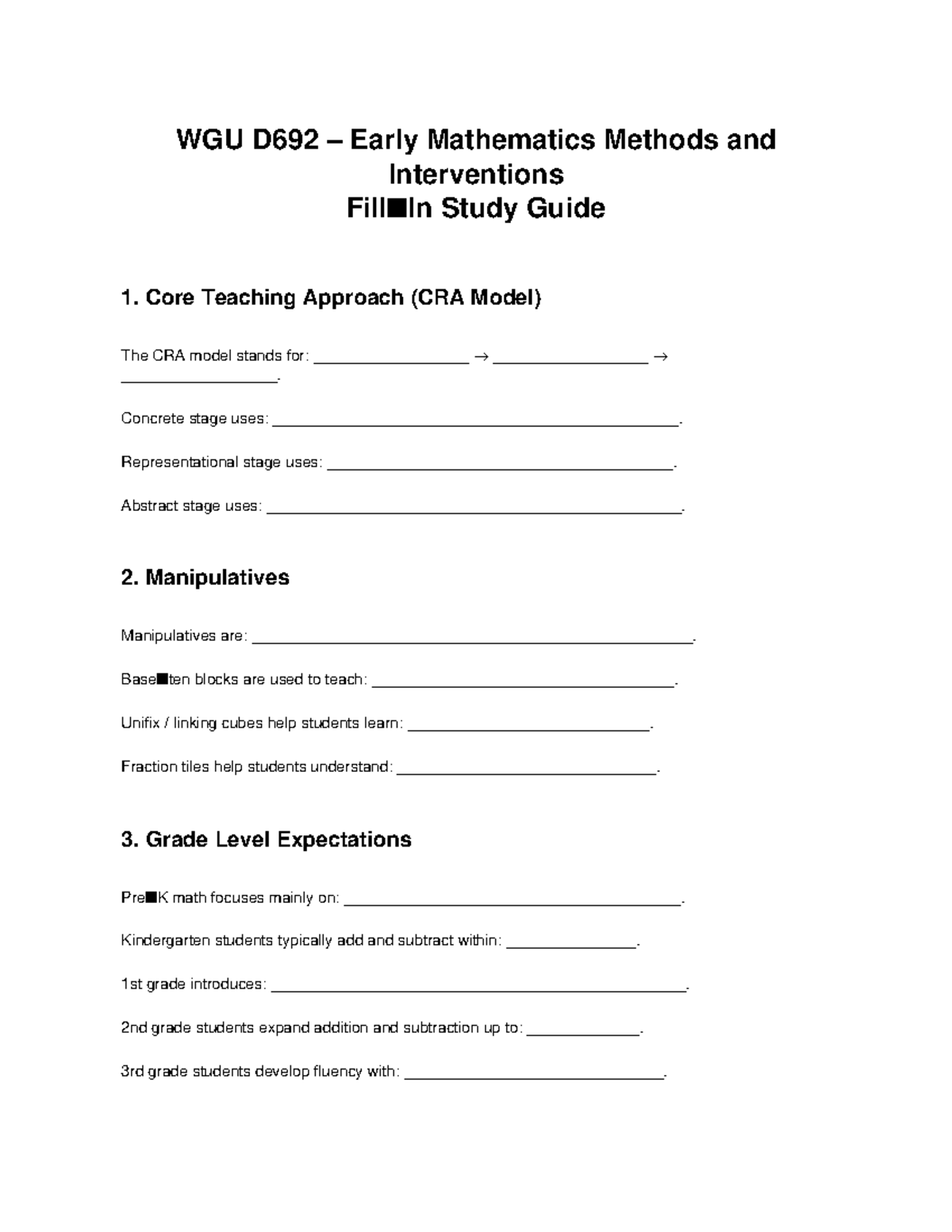 WGU D692 Early Math Methods & Interventions Study Guide - Studocu