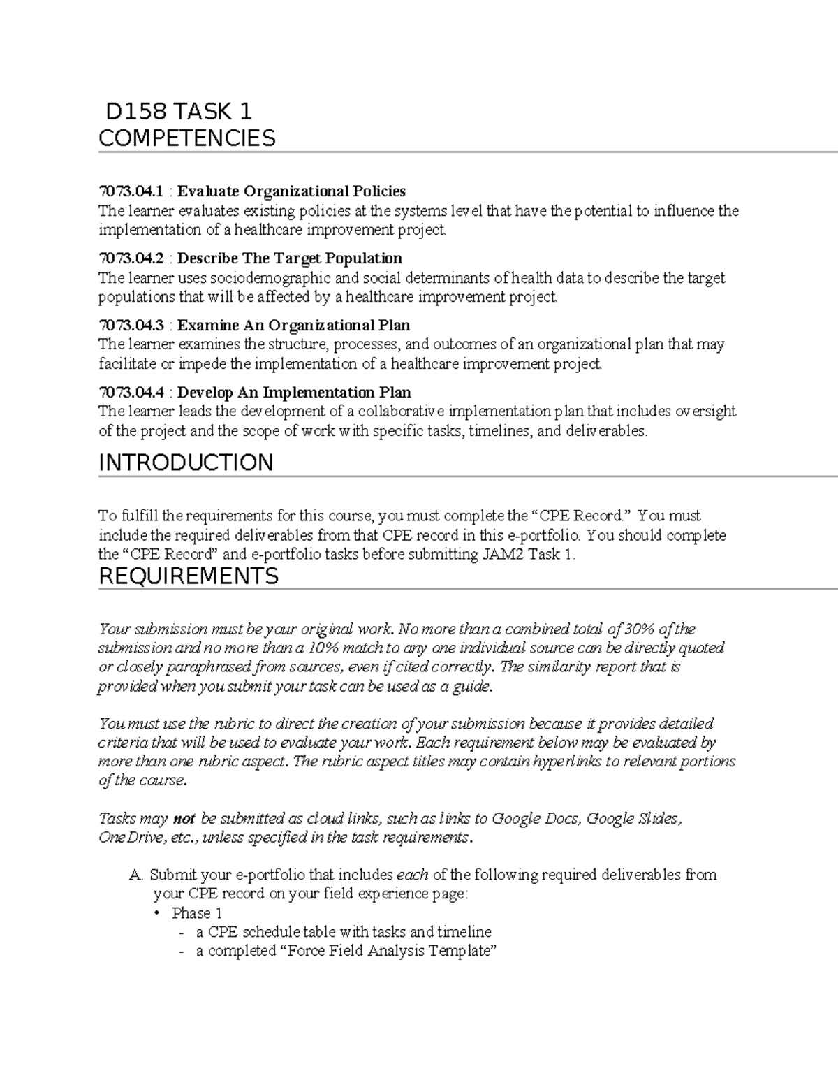 D158 Task 1 - Healthcare Improvement Project Instructions - Studocu