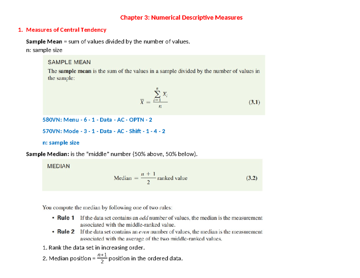 Ch3-Summary - hiii - Chapter 3: Numerical Descriptive Measures 1 ...