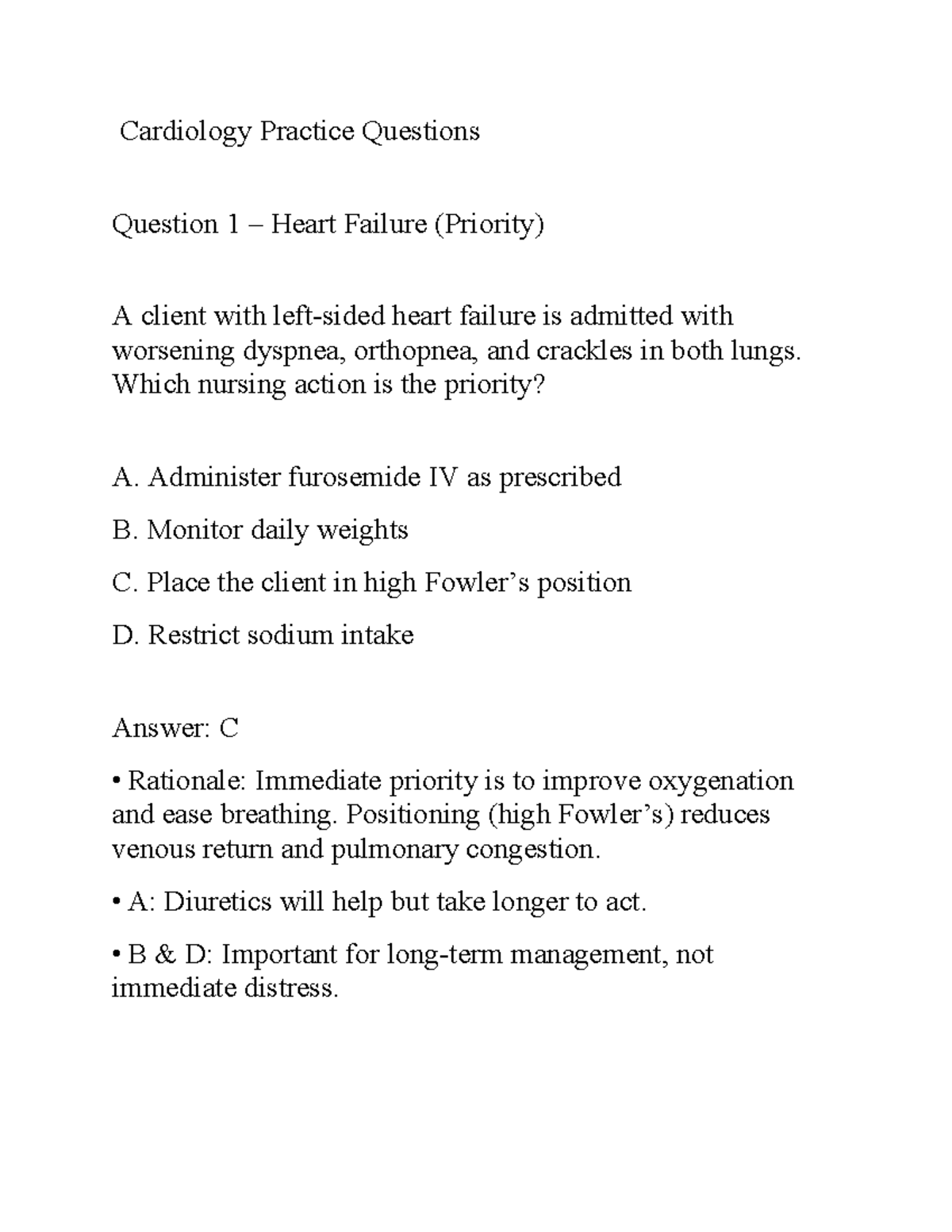 Cardio & Respiratory Practice Questions for Nursing Exam - Studocu