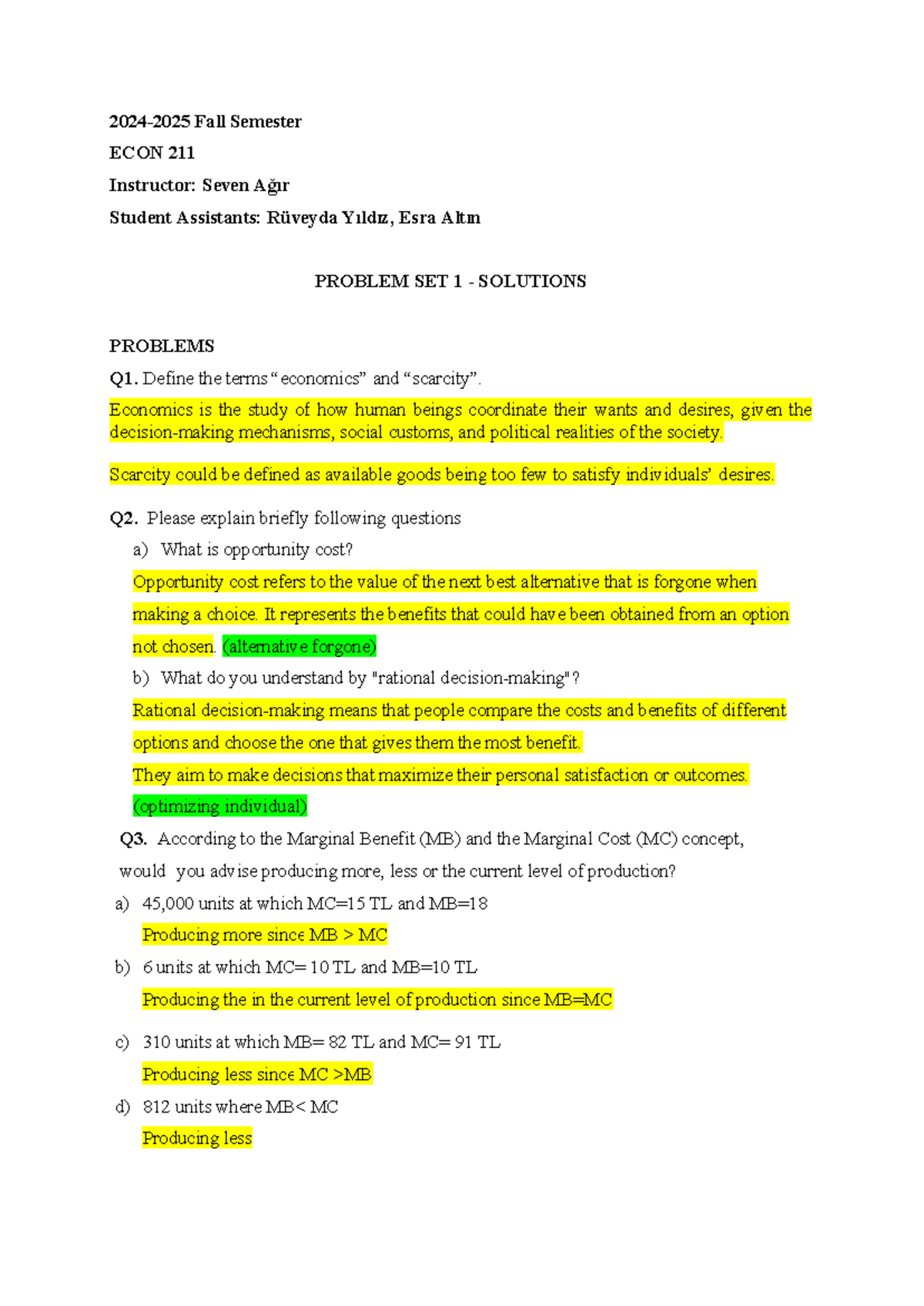 ECON 211 Problem Set 1 Solutions - Fall 2024 Exam Preparation - Studocu