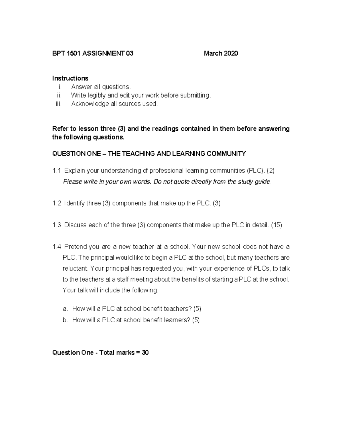 Assignment 3 2020 - BPT 1501-Semester 1 - BPT 1501 ASSIGNMENT 03 March 2020 Instructions i ...