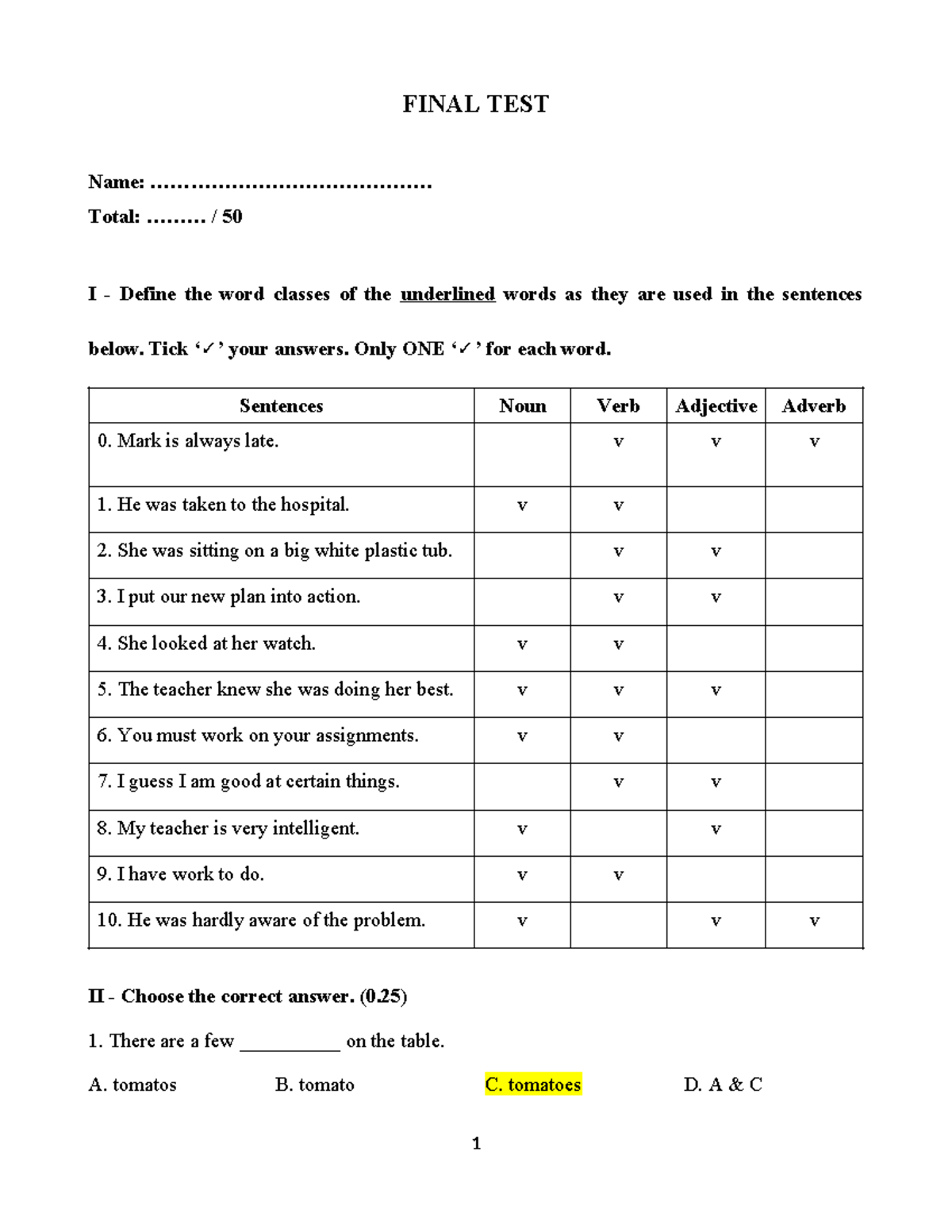 FINAL TEST FWQHJRL: Word Classes & Sentence Completion - Studocu