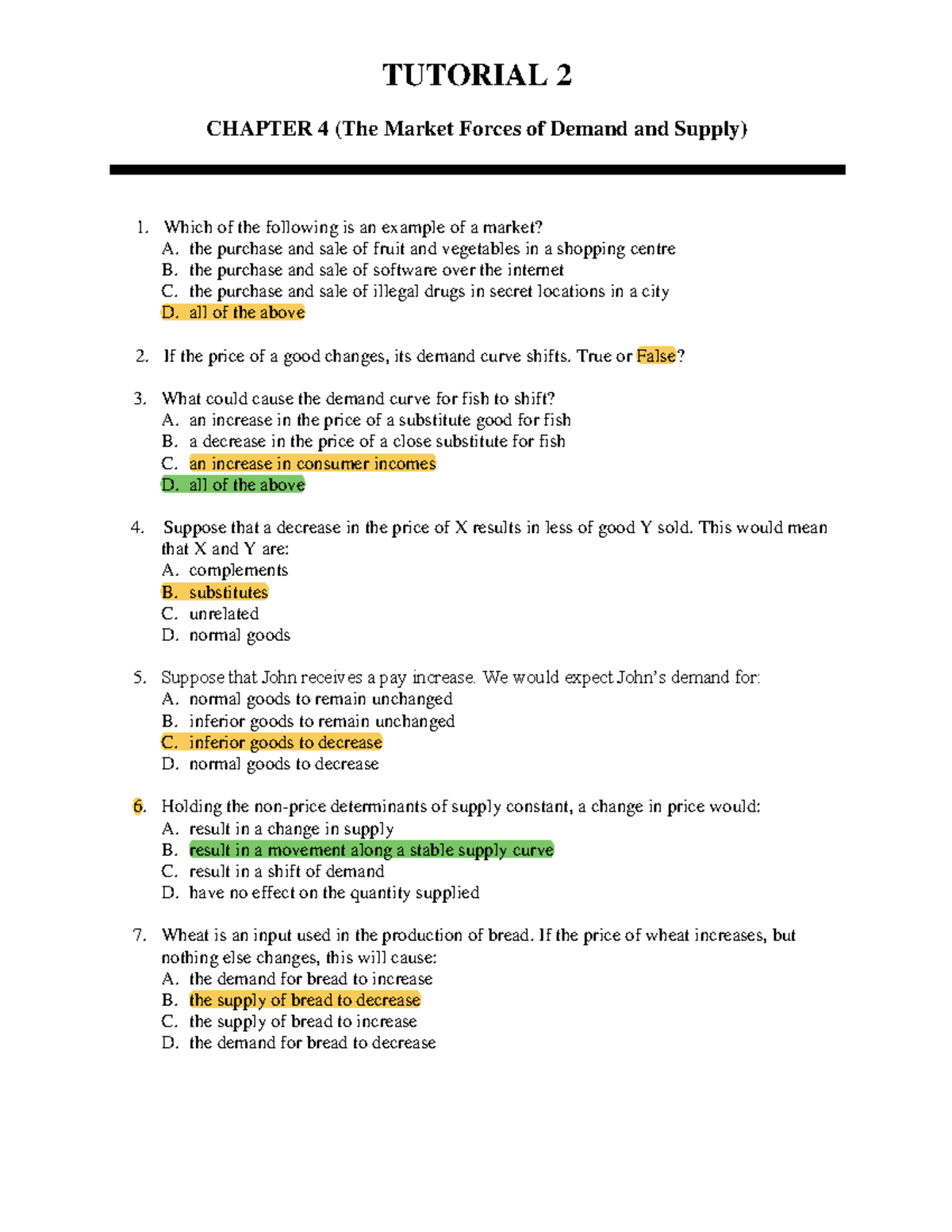 TUTORIAL 2: CHAPTER 4 - Market Forces of Demand & Supply - Studocu