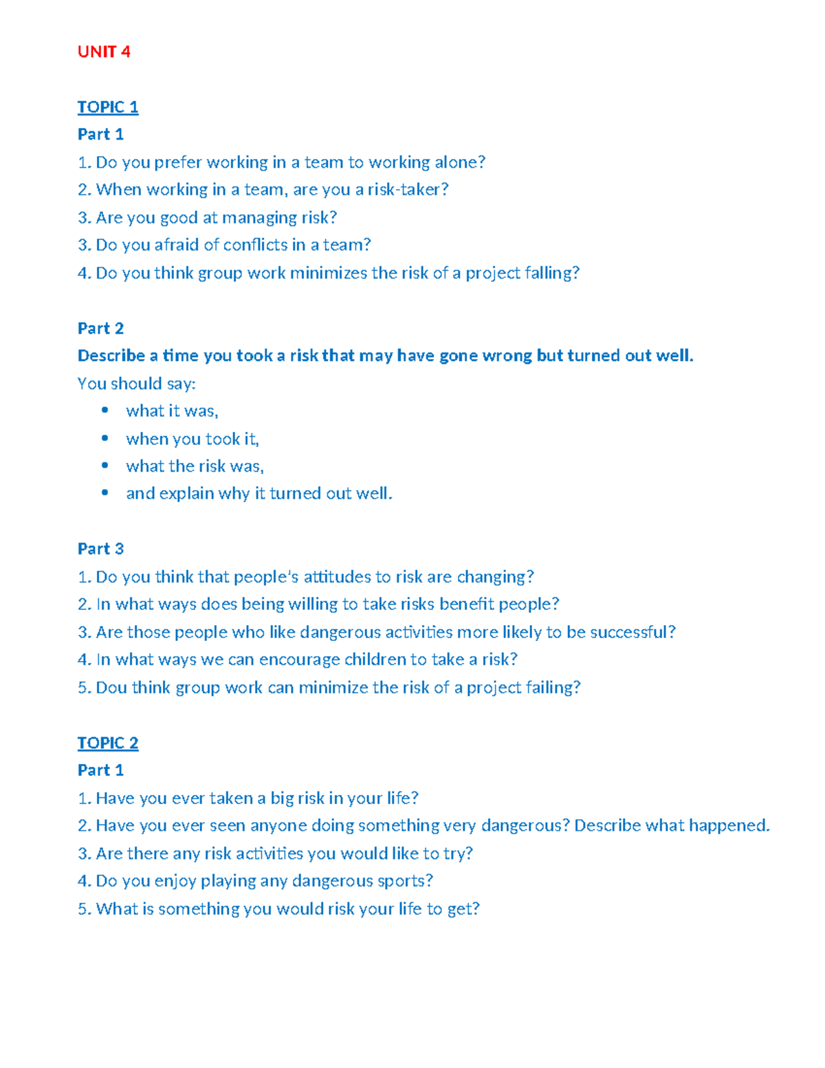 U4 Speaking Practice - Teamwork and Risk Management Insights - Studocu