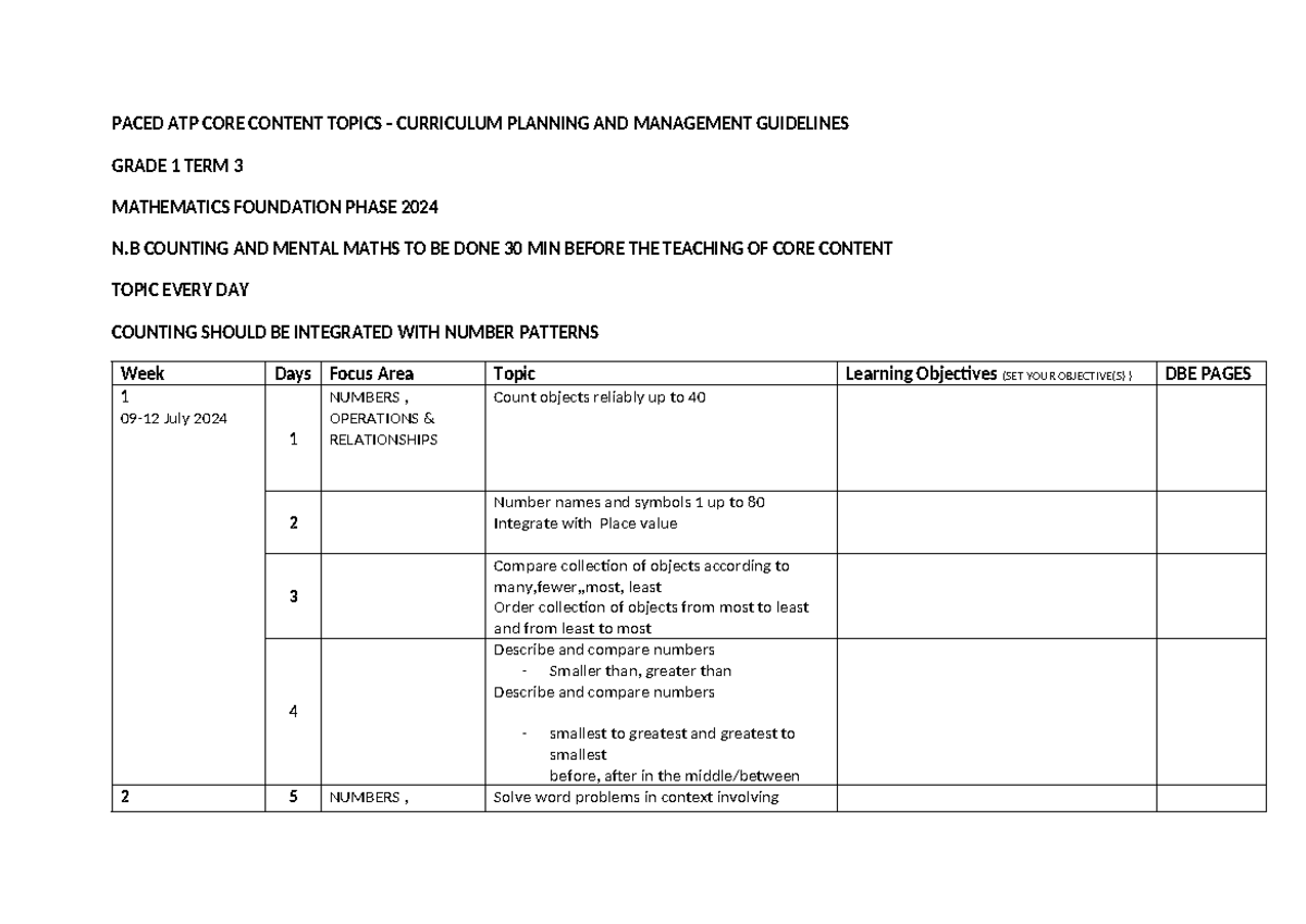 Grade 1 TERM 3 Mathematics Foundation Phase Paced ATP Final 2024 - Studocu