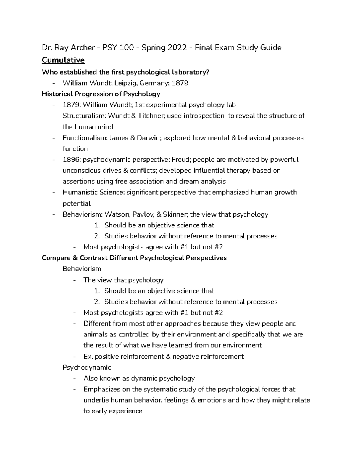 UKY - PSY 100 - Final Exam Study Guide - Cumulative Concepts for Spring ...