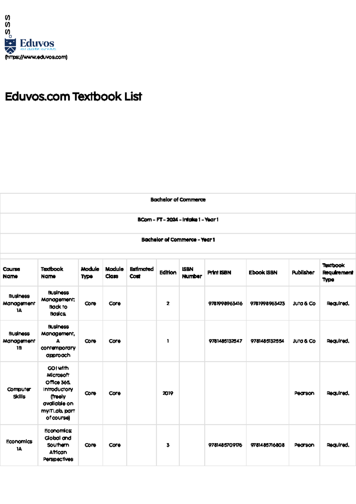 Eduvos BCOM Year 1 - Required Textbooks for 2024 Intake - Studocu