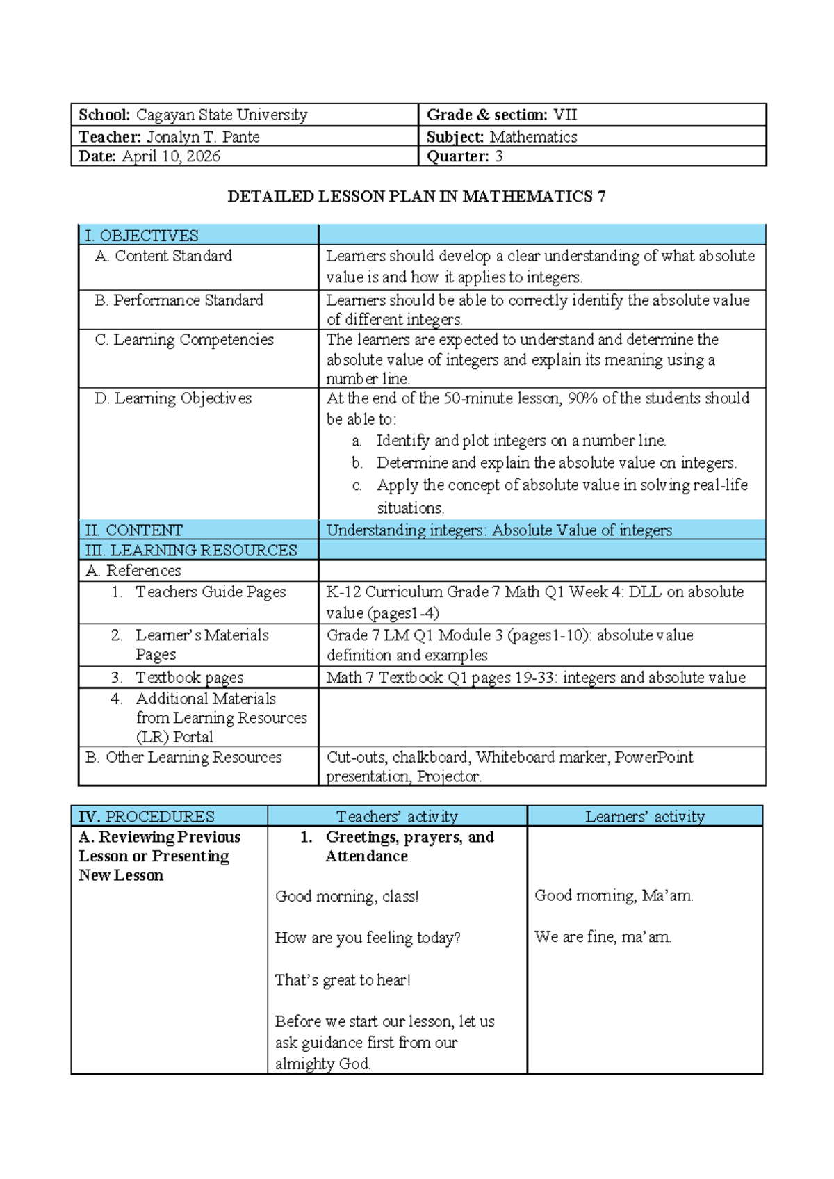 Detailed Lesson Plan: Absolute Value of Integers (Math 7) - Studocu